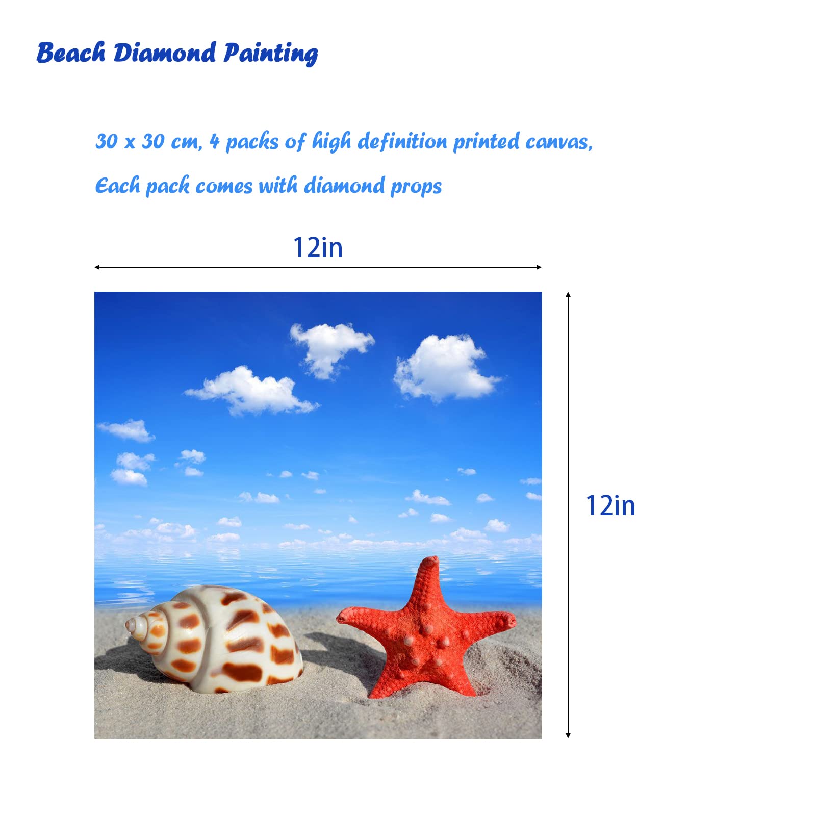 AEFPOYMXU 5D Crystal Diamond Painting Kits 4 Pack for Adults Beginner Paint by Number Canvas DIY Full Drill Beach Seashells Diamond Dots Art Crafts Kit for Wall Hanging Home Room Decor Gift