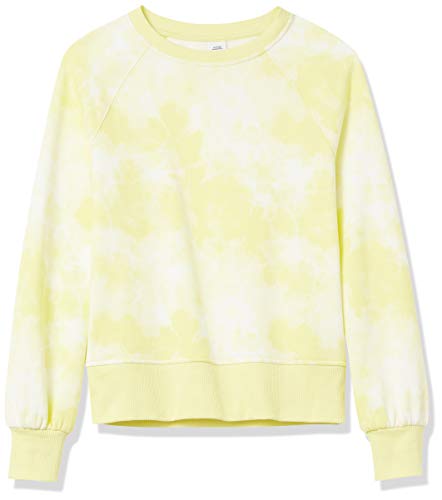 Amazon Essentials Women's Classic-Fit Gathered Long-Sleeve Crewneck Sweatshirt, Yellow Tie Dye, Small