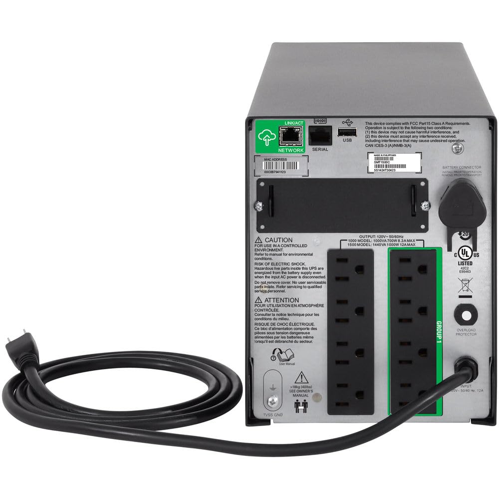 APC 1500VA Smart UPS with SmartConnect, SMT1500C Sinewave UPS Battery Backup, AVR, 120V, Line Interactive Uninterruptible Power Supply with Ethernet Cable, Wire Ties & Cleaning Kit