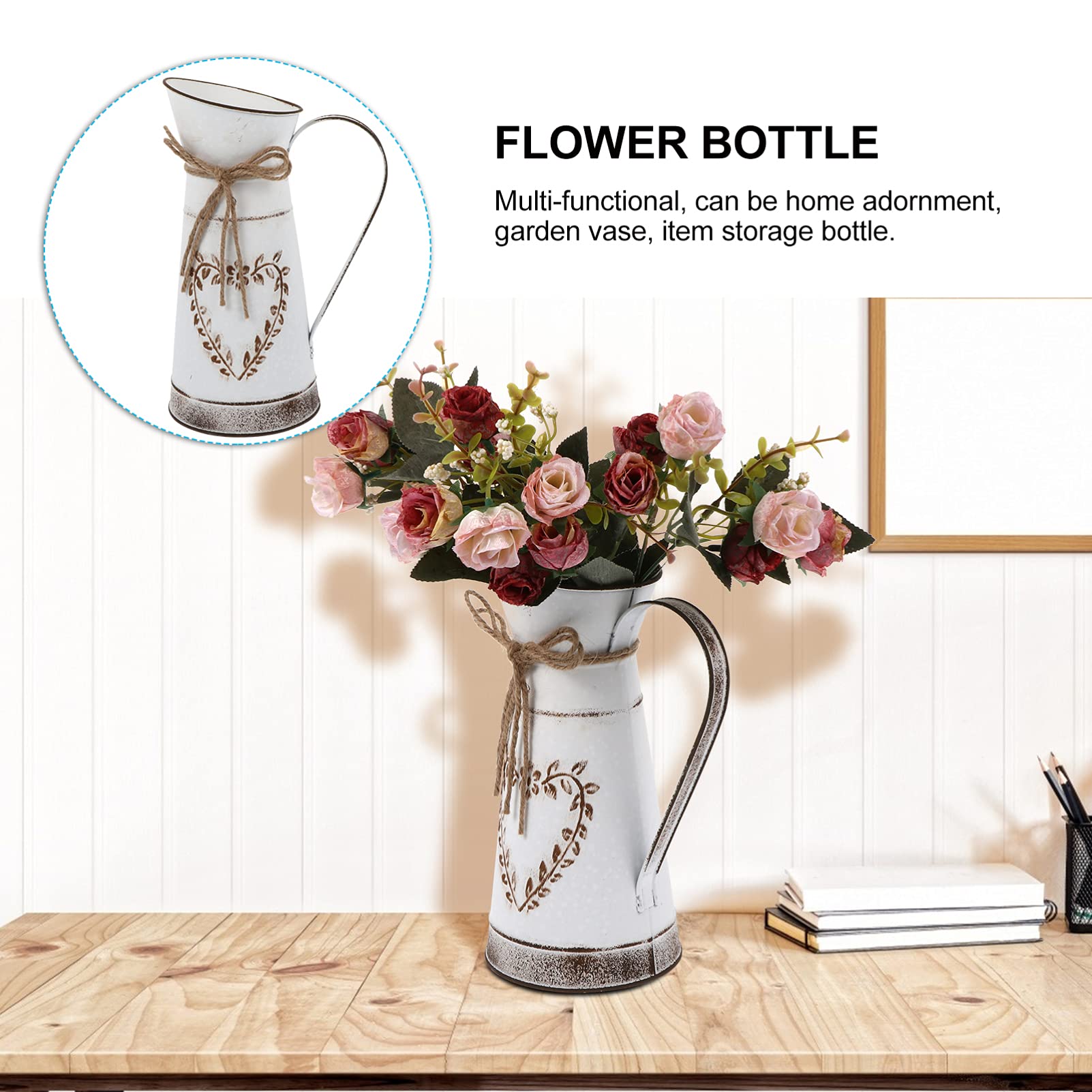 GANAZONO French Pitcher Vase Metal Heart Leaf Flower Pitcher Flower Arrangement Pot Decorative Water Jug for Home Office Garden (White) Size L