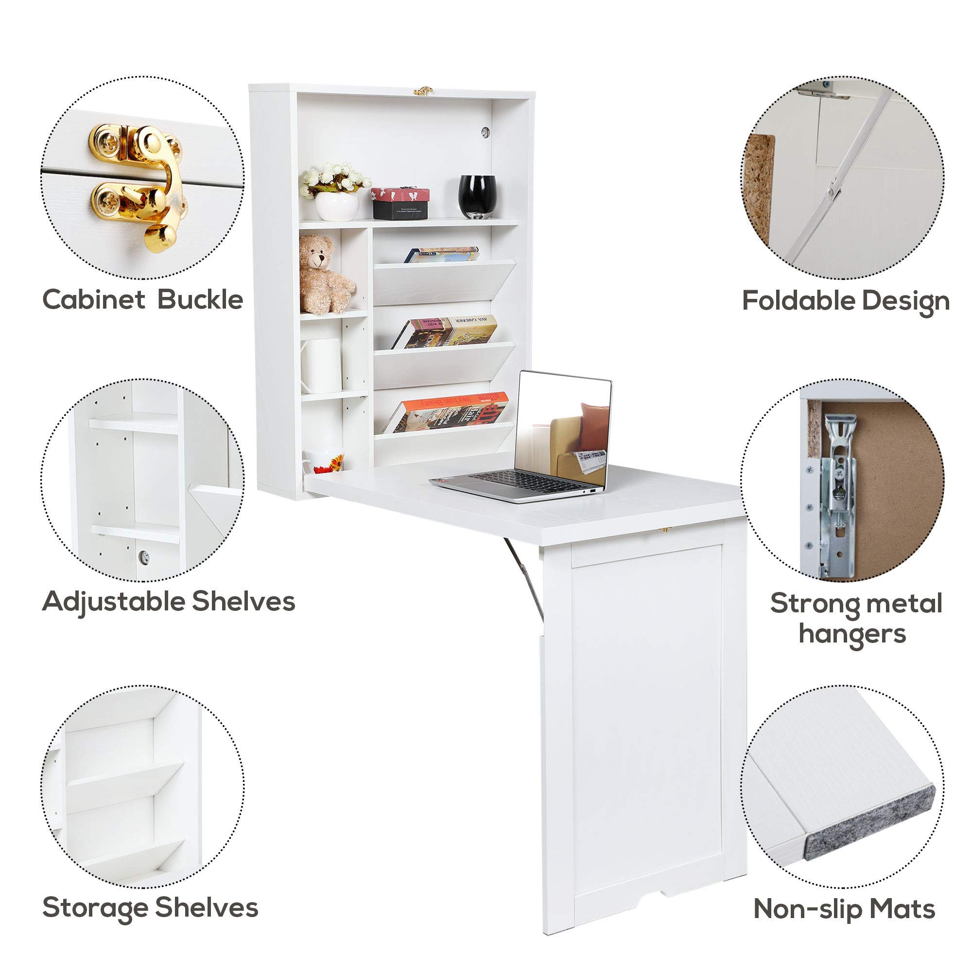 AOLIGI Modern Wood Folding Wall Mounted Desk Cabinet Convertible Foldable Writing Desk Floating Desk Dining Table for Home Office with Compartments Storage, Laptop Tabletop, White