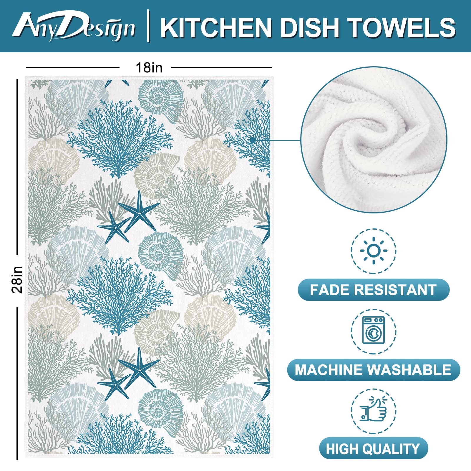 AnyDesign Ocean Theme Kitchen Dish Towel Beach Seashell Coral Starfish Hand Dying Towel Sea Creature Tea Towel for Cooking Baking Kitchen Accessories, Set of 2, 18 x 28 Inch