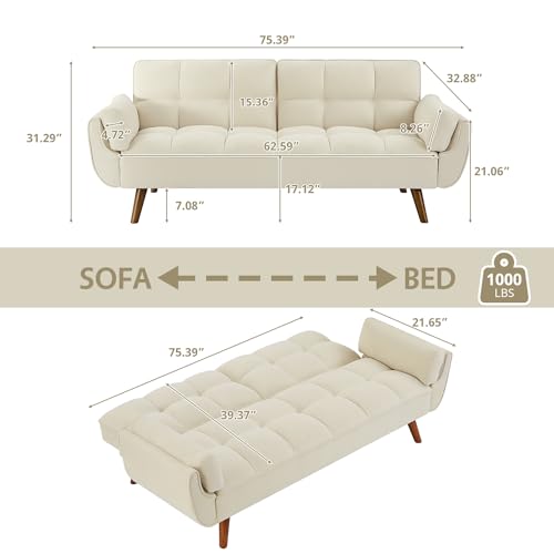 Fangflower Convertible Sofa Bed, Velvet Fabric Adjustable Backrest Sleeper Futon Loveseat with Tapered Wood Legs for Living Room, Bedroom, Apartment Lounge, Garage