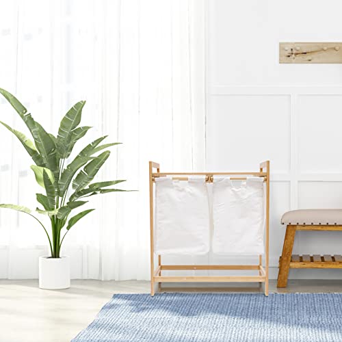 Bamboo Laundry Hamper with Dual Compartments,2 Section Floor Stand Bathroom Storage Shelf Cabinet with Removable Sliding Bags & Shelf Large Freestanding Portable Laundry Basket Hamper Organizer