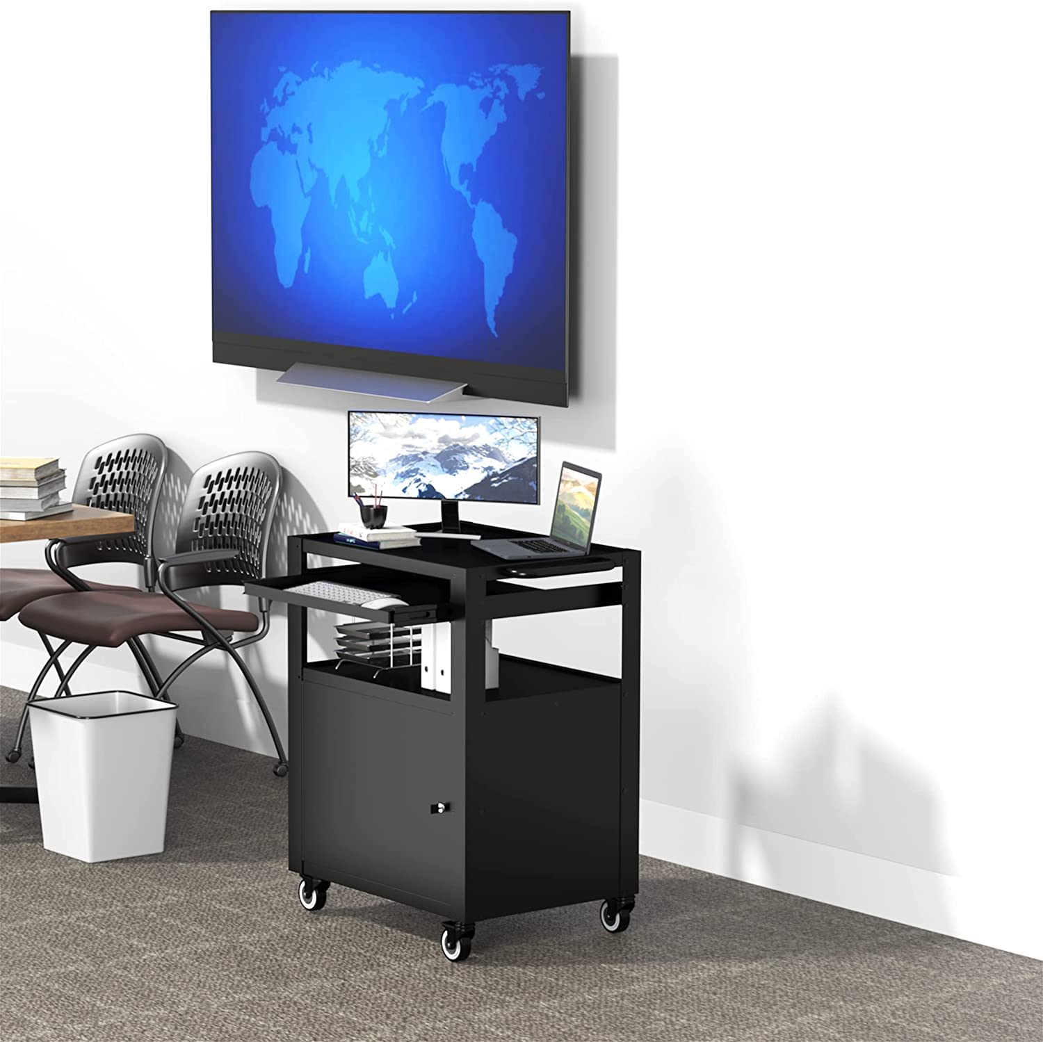 Argatin AV Cart with Keyboard Tary and Locking Cabinet Laptop Cart on Wheels Utility Cart and Pullout Tray - Max Capacity 350 lbs(24.8''L x 18.1''W x 39.8''H)