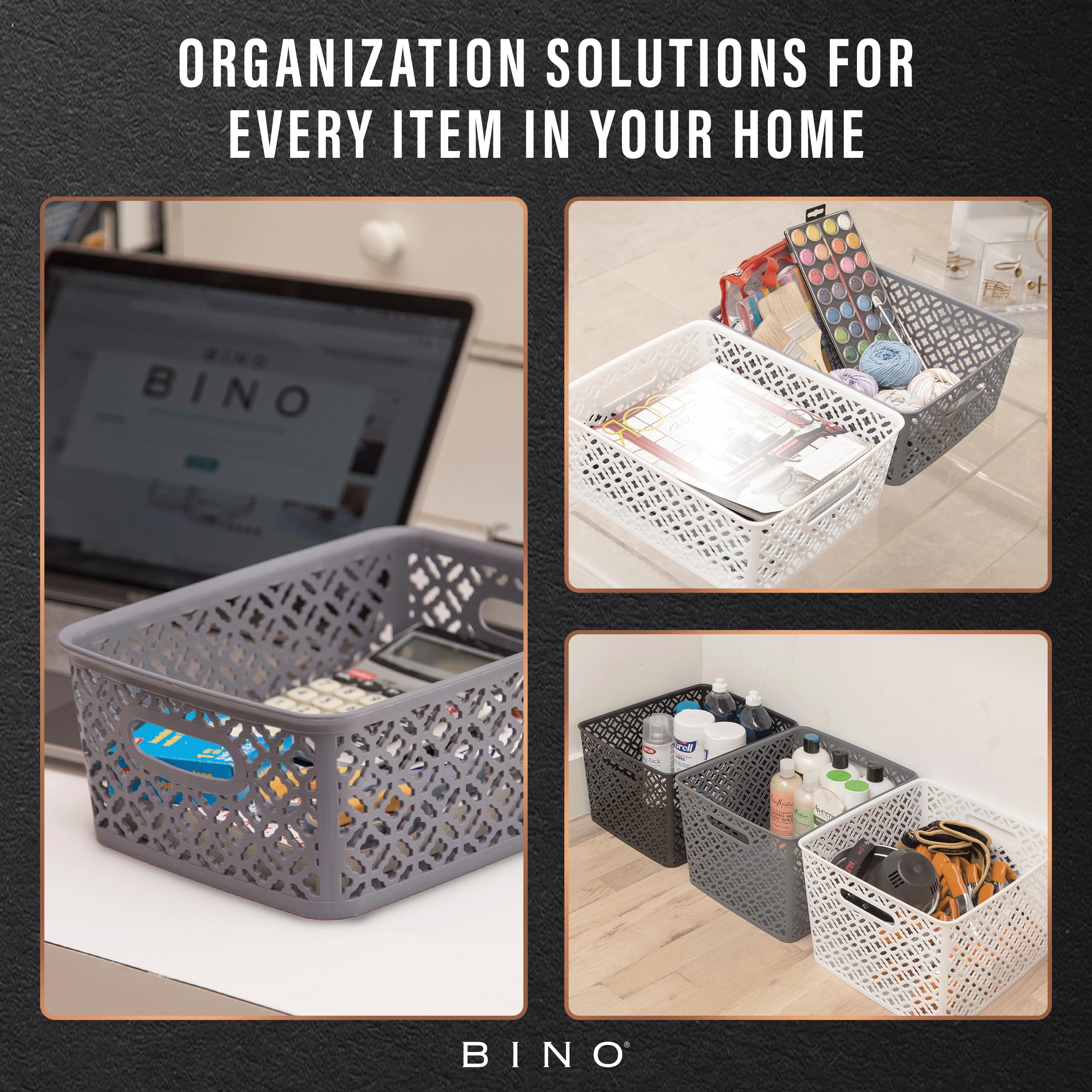 BINO l Plastic Storage Baskets, Large - Black | THE BLOSSOM COLLECTION l Multi-Use Organizer Bin l Built-in Handles l Plastic Woven Basket for Organizing l Pantry & Home Organizing Basket