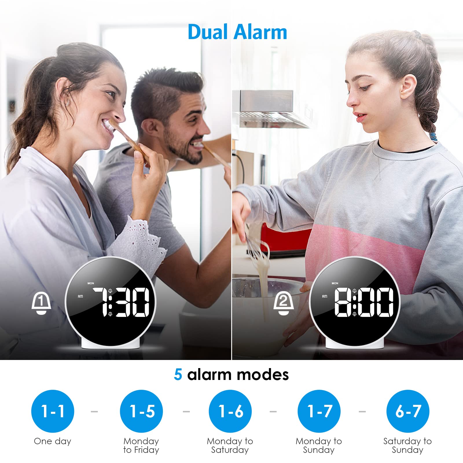 AMIR Digital Alarm Clock, LED Electronic Clock, Bedside Clock with 2 Alarms, Snooze, Adjustable Brightness, 12/24H, Small Desk Clock (Battery & Adapter Not Included)
