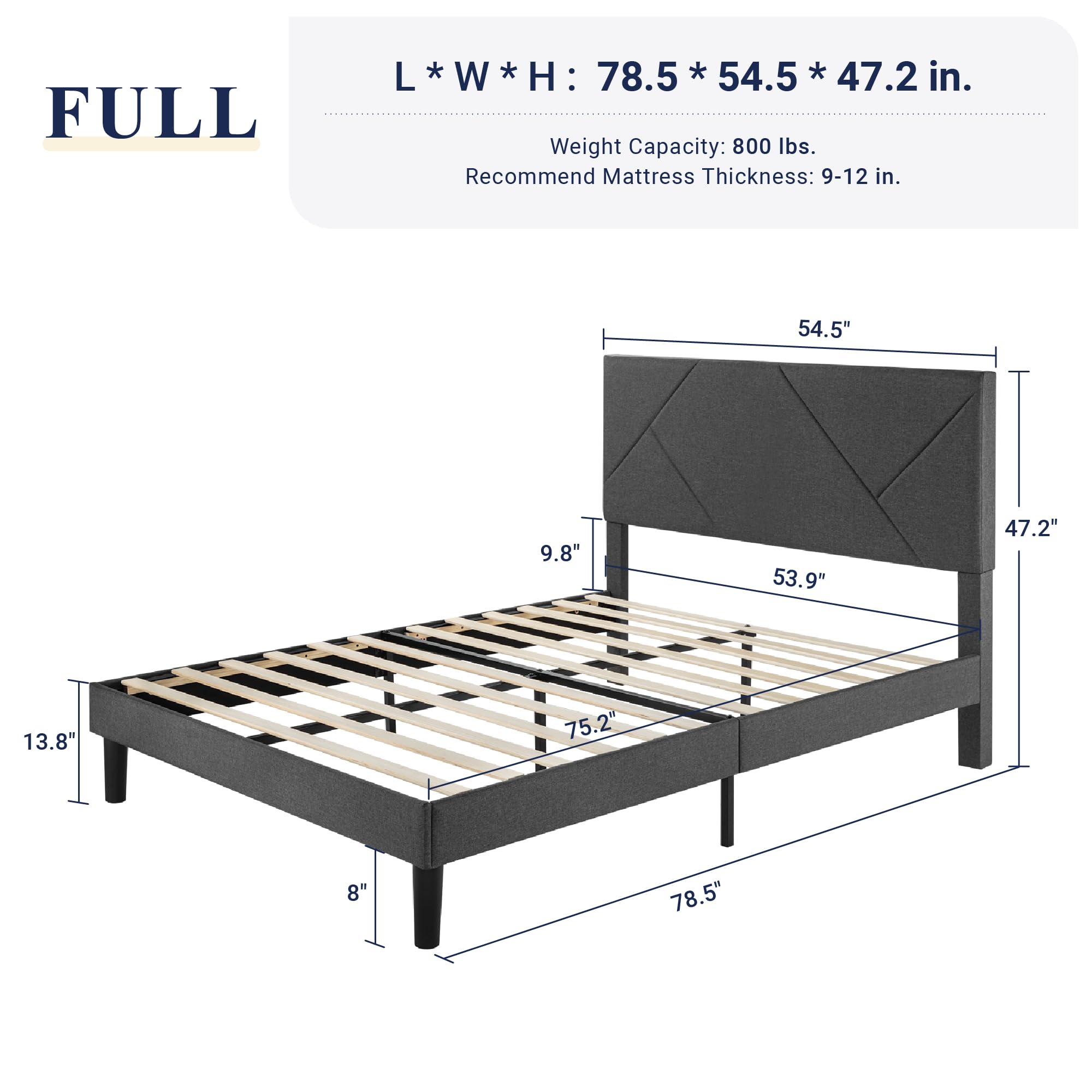 Allewie Full Size Upholstered Bed Frame with Geometric Headboard, Heavy-Duty Platform Bed, No Box Spring Needed, Dark Grey