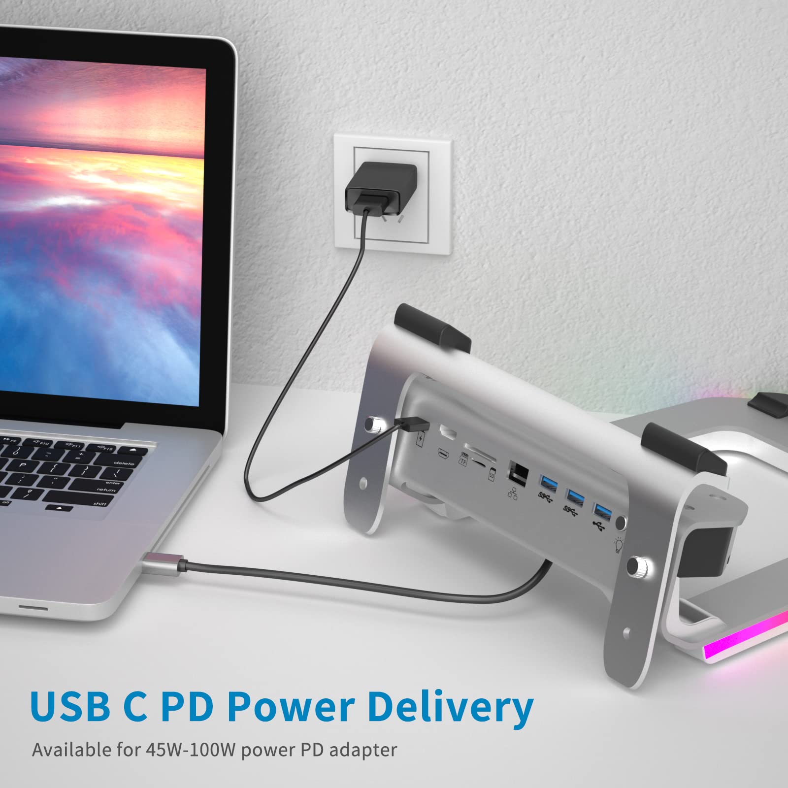 ARGB Lights Laptop Stand with USB C 8 in 1 HUB, Aluminum Laptops Computer Stand, HDMI, USB 3.0, USB 2.0, RJ45 Ethernet, SD, TF, Type C PD