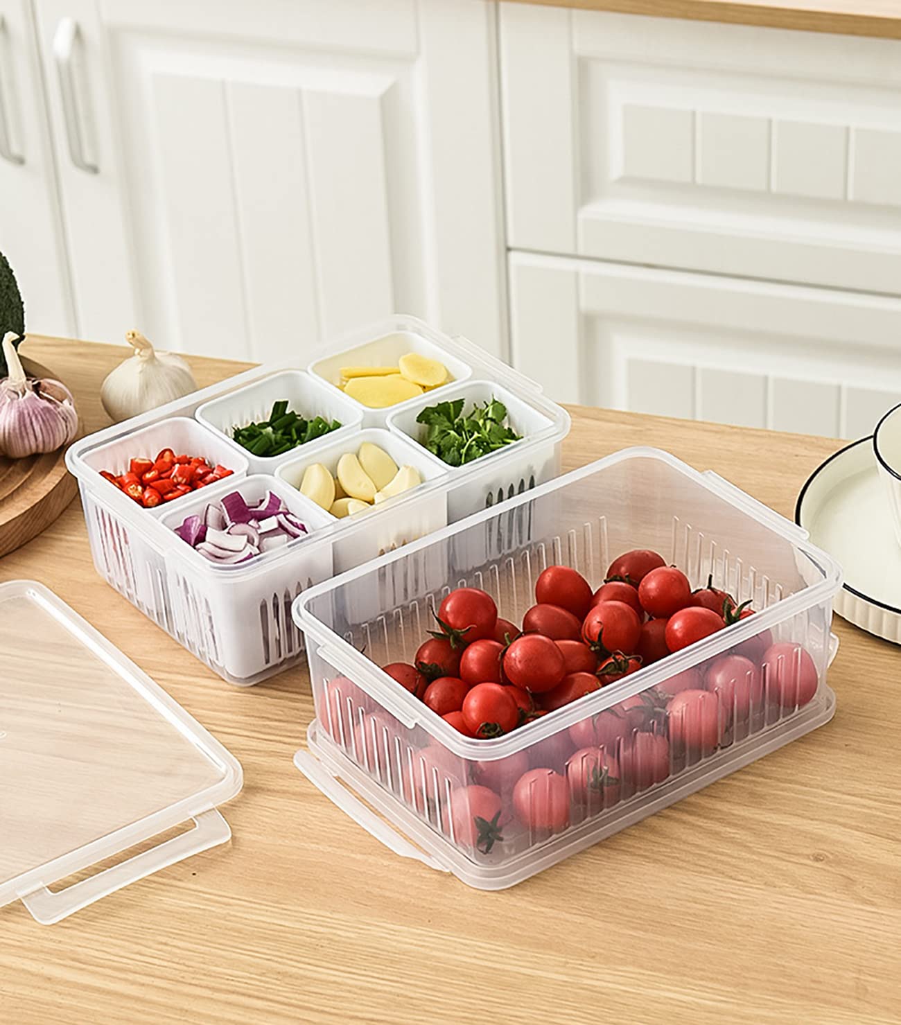 Bhtqdnq Food Storage Containers with Lids Airtight, Fridge Fresh-Keeping Container with 6 detachable small boxes, Portable Divided Fruit Storage Container Onion Ginger Garlic Cherry Storage (6 boxes)