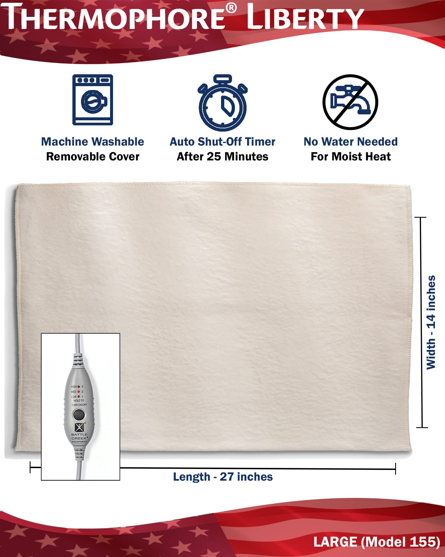 Assembled in The USA - Thermophore Liberty 2 - Moist Heating pad for Arthritis, Back, Neck, Shoulder Pain and Cramps Relief - Electric, 3 Temperature Settings with auto Shut Off, Large 14" x 27"