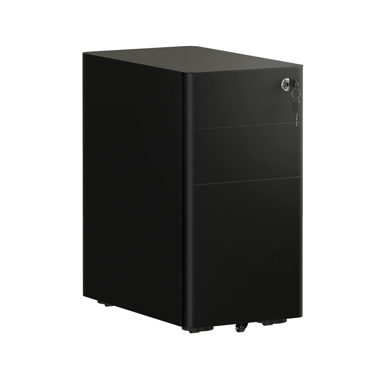 AMISEN File Cabinet，3-Drawer Metal Mobile Filing Cabinets Office Drawer with Lock，Slim Storage Cabinet for Legal/Letter/A4 File, Fully Assembled Including Casters, Black