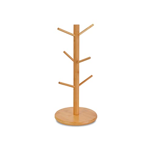 Bamboo Mug Holder Tree，Coffee Cup Holder，Countertop Mug Tree with 6 Hooks，Mug Rack for Counter Stand Coffee Counter Bar Accessory