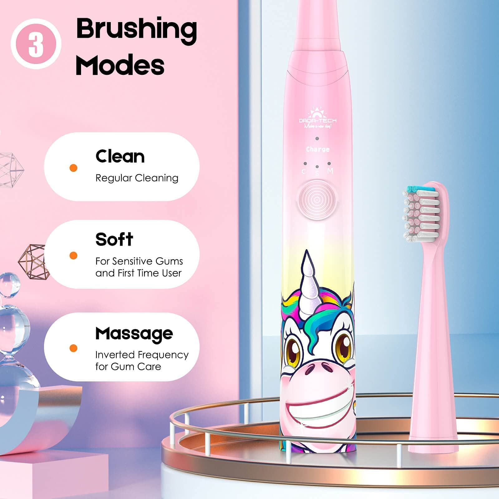 DADA-TECH Kids Electric Toothbrush Rechargeable Pink Age 3+ (Unicorn and Dog)