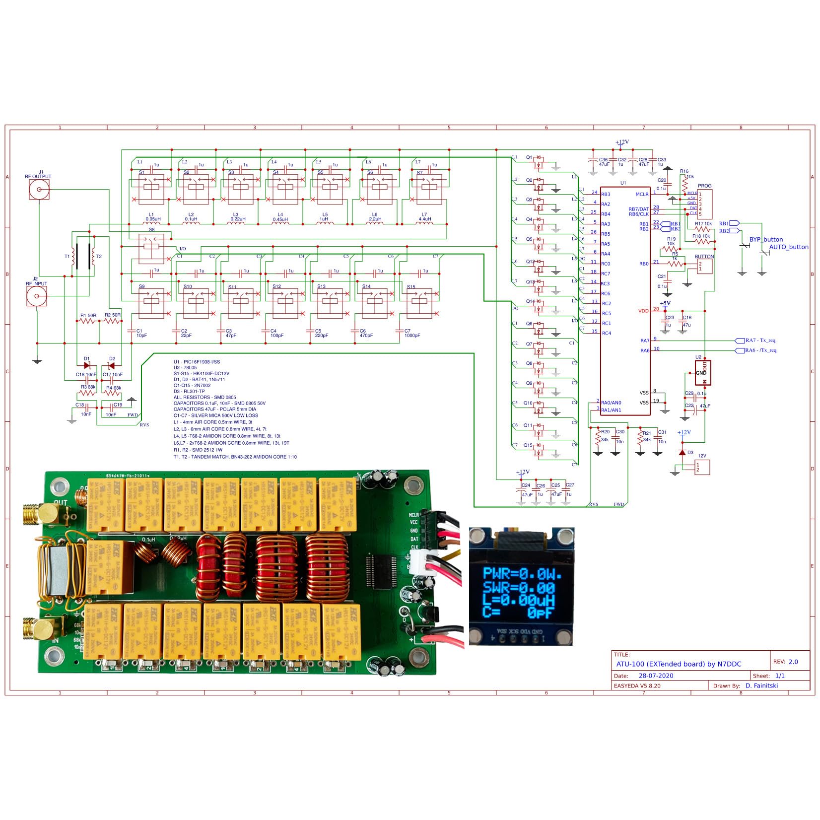 Malahit ATU-100 Antenna Tuner DIY Kits 1.8-50MHz atu100 Automatic Antenna Tuner by N7DDC 7x7 0.96 Inch OLED SMT and chip soldered 3.2 Version Firmware Programmed Unassembled