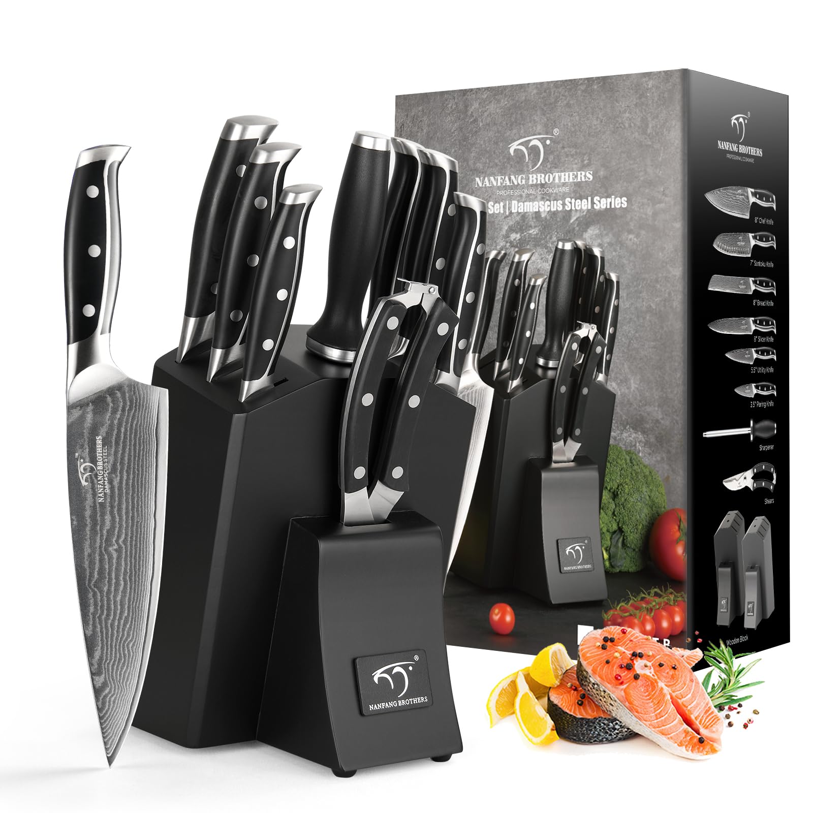 Damascus Kitchen Knife Set with Block, Razor Sharp 67-Layer VG10 Steel and Triple Rivet Handle, Included Chef/Santoku/Utility/Bread/Paring Knives, Sharpener, Kitchen Shears-Natural Wooden Block, 9Pcs