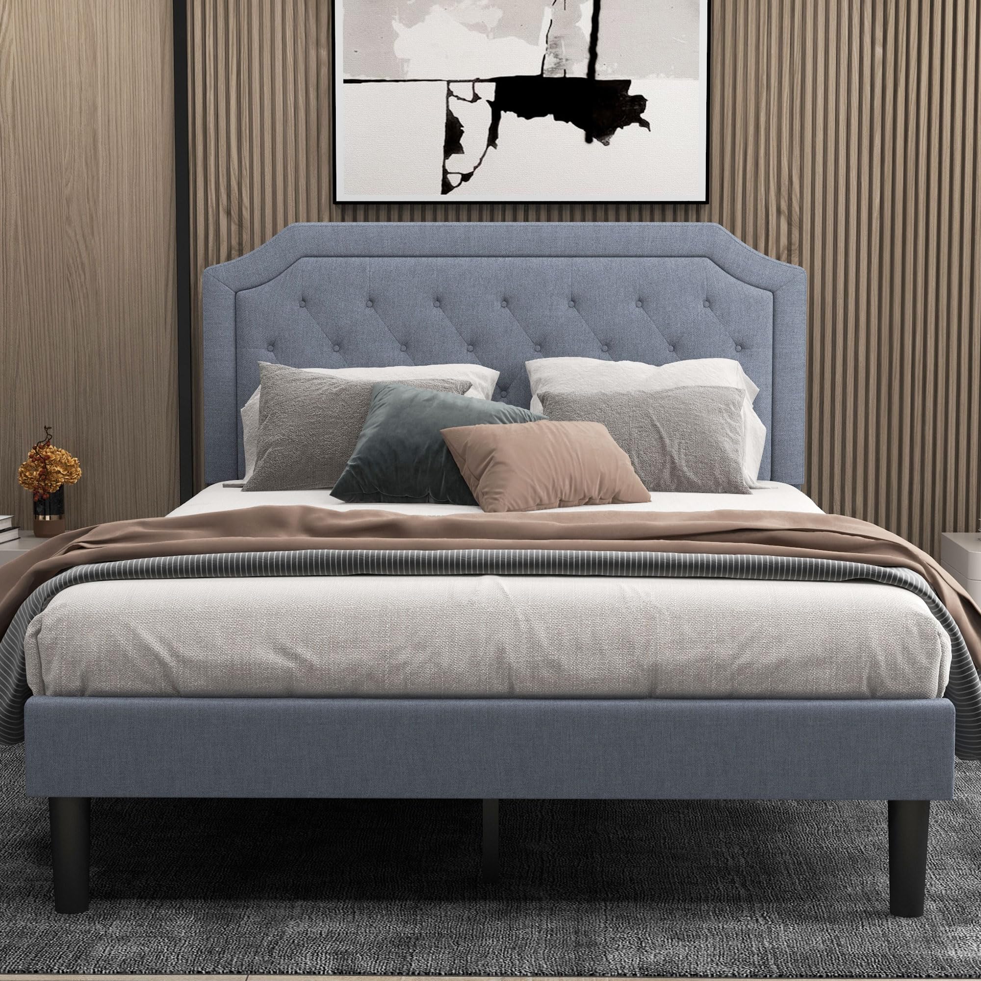 Bonzy Home Full Bed Frame with Button-Tufted Headboard, Modern Platform Bed Frame Queen Size with Under-Bed Storage Space, Solid Wooden Slats, No Box Spring Needed, Noise-Free, Grey
