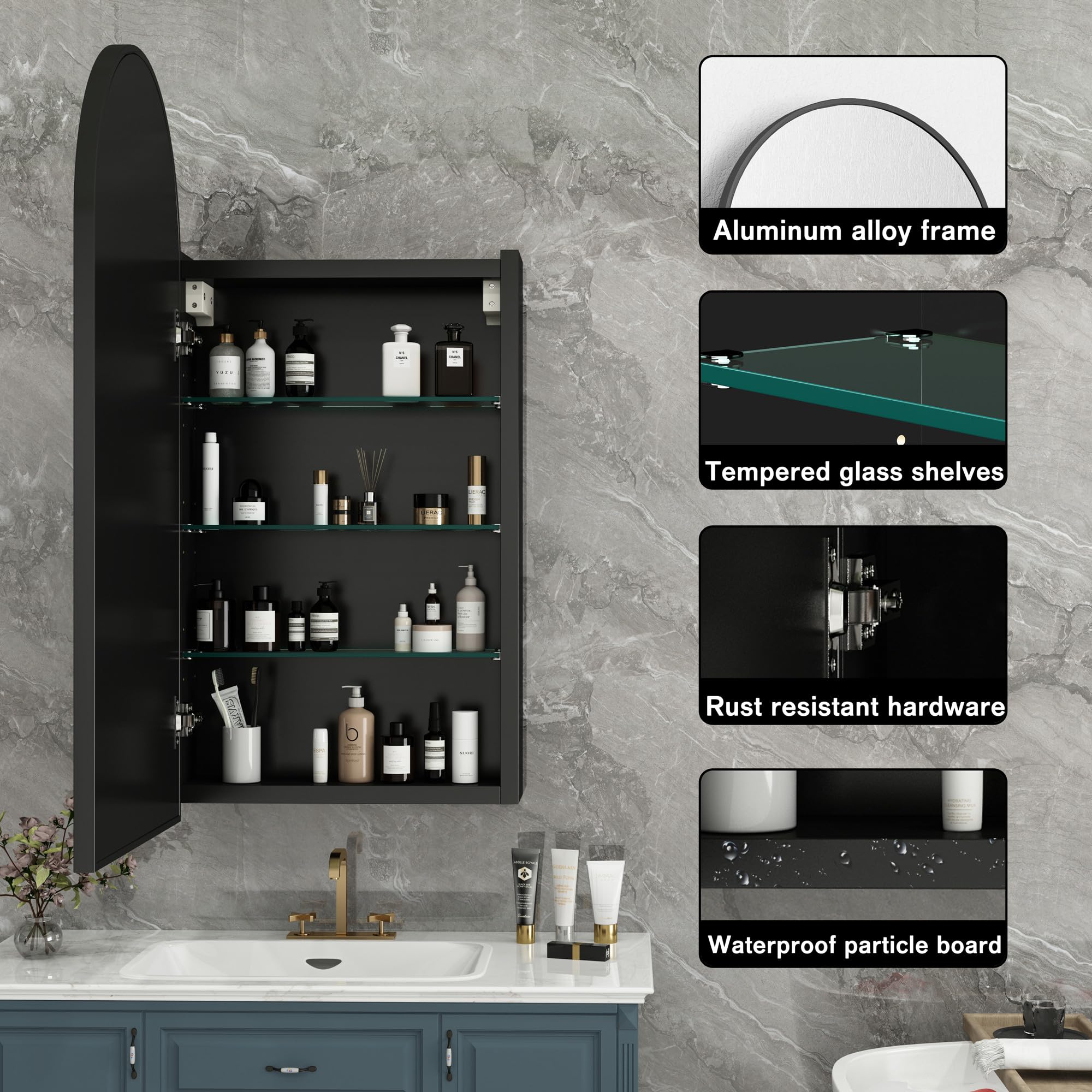 Black Arched Medicine Cabinet with Mirror, Bathroom Medicine Cabinet Organizer, Mirrored Medicine Cabinet Surface Wall Mount, Bath Vanity Mirror with Storage, 3 Adjustable Shelves, 16x31 Inch
