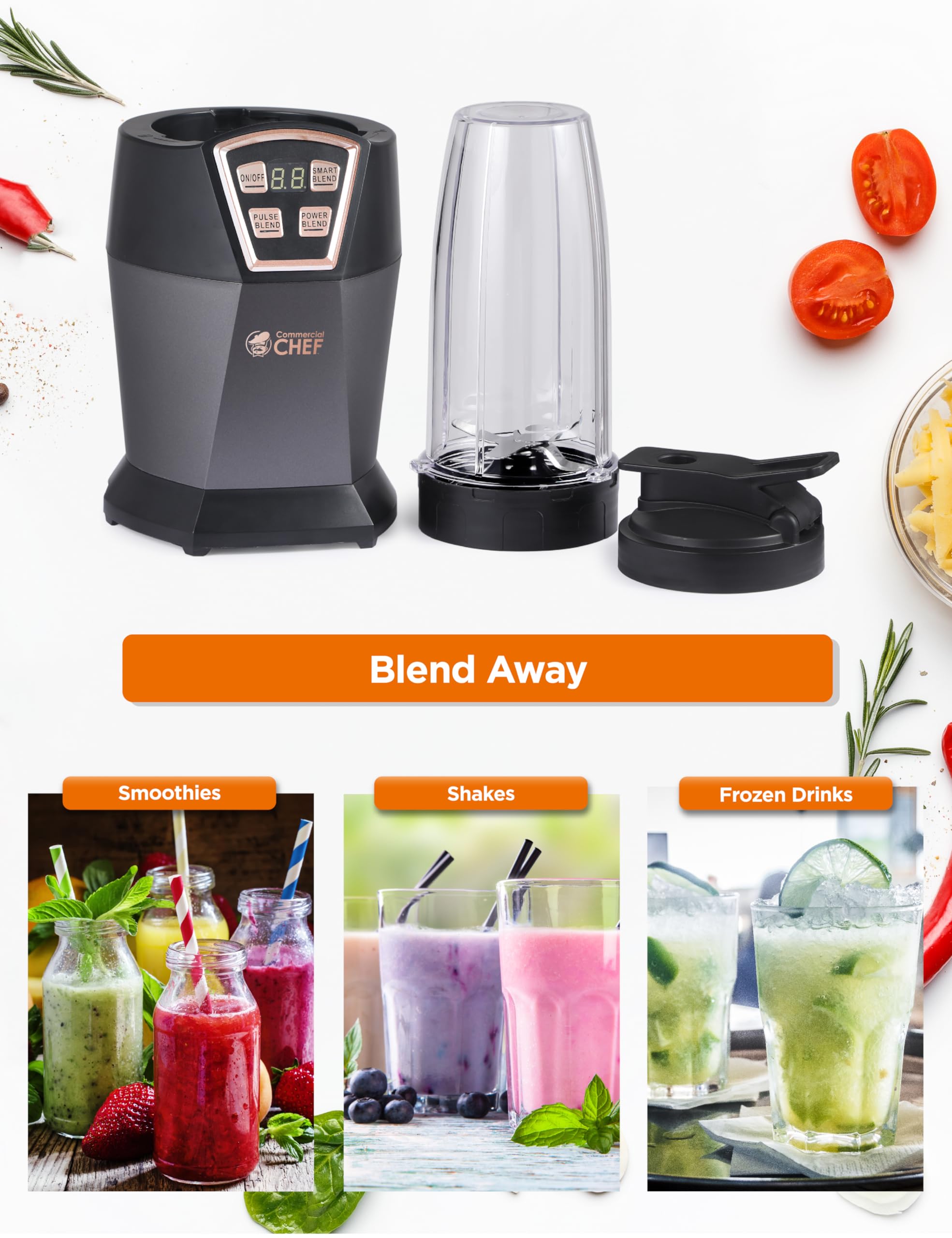 COMMERCIAL CHEF Personal Blender with 3 Modes, Blender for Smoothies, Shakes & More with 6 Stainless Steel Blades, 1000W Small Blender with LED Display