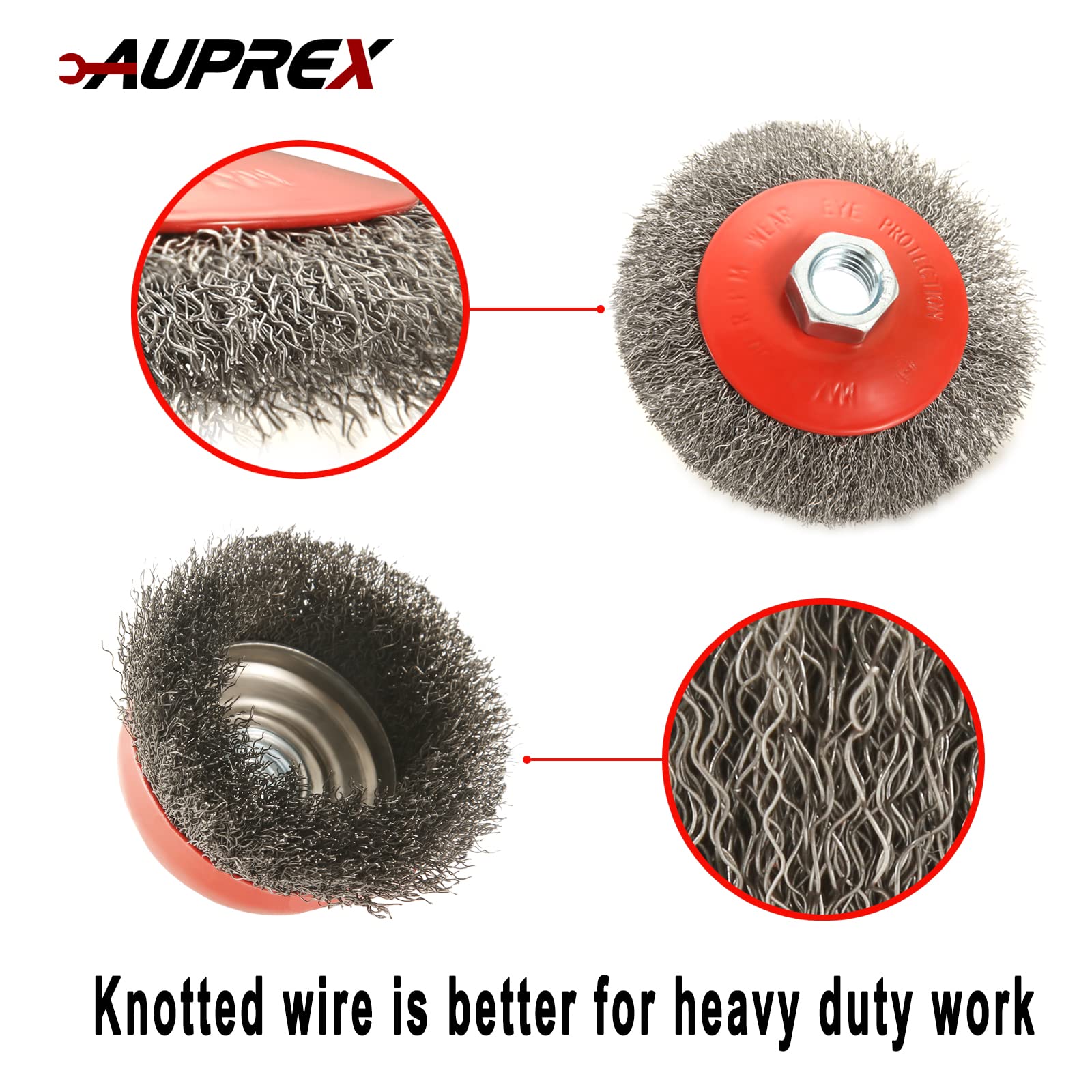 AUPREX 4 Pack Wire Wheel Brush for Angle Grinder, 4 Inch Angle Grinder Wire Wheel Set, 3 Inch Wire Cup Brush for 4 1/2 Angle Grinder, 5/8β-11 Thread Arbor, Twist Knotted Coarse Crimped Wire Brush Set