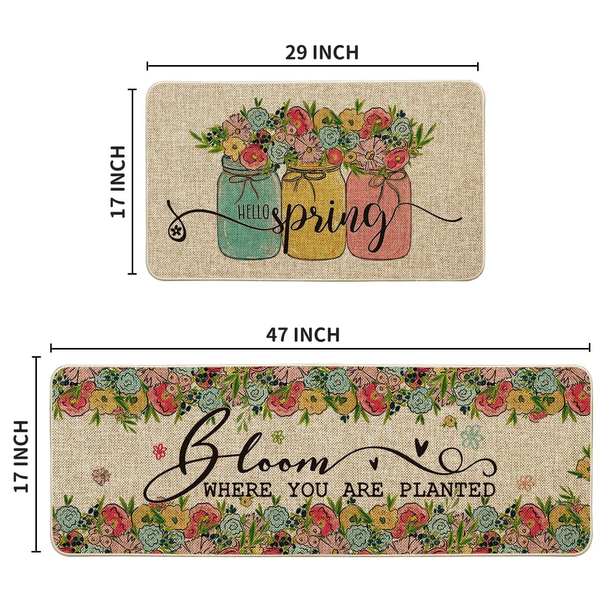 Artoid Mode Vases Flowers Hello Spring Kitchen Mats Set of 2, Home Decor Low-Profile Kitchen Rugs for Floor - 17x29 and 17x47 Inch