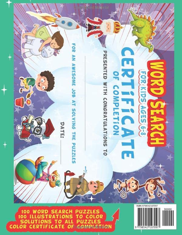 Word Search for Kids Ages 6-8: 100 Large Print Word Search Puzzles. Search,find then color the illustration