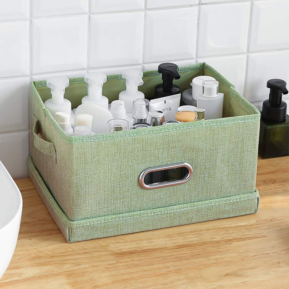 ANMINY 2 PCS Storage Boxes with Handles Removable Lids PP Plastic Board Foldable Lidded Cotton Linen Home Storage Cubes Bins Baskets Closet Clothes Toys Organizer Containers - Green, Small Size