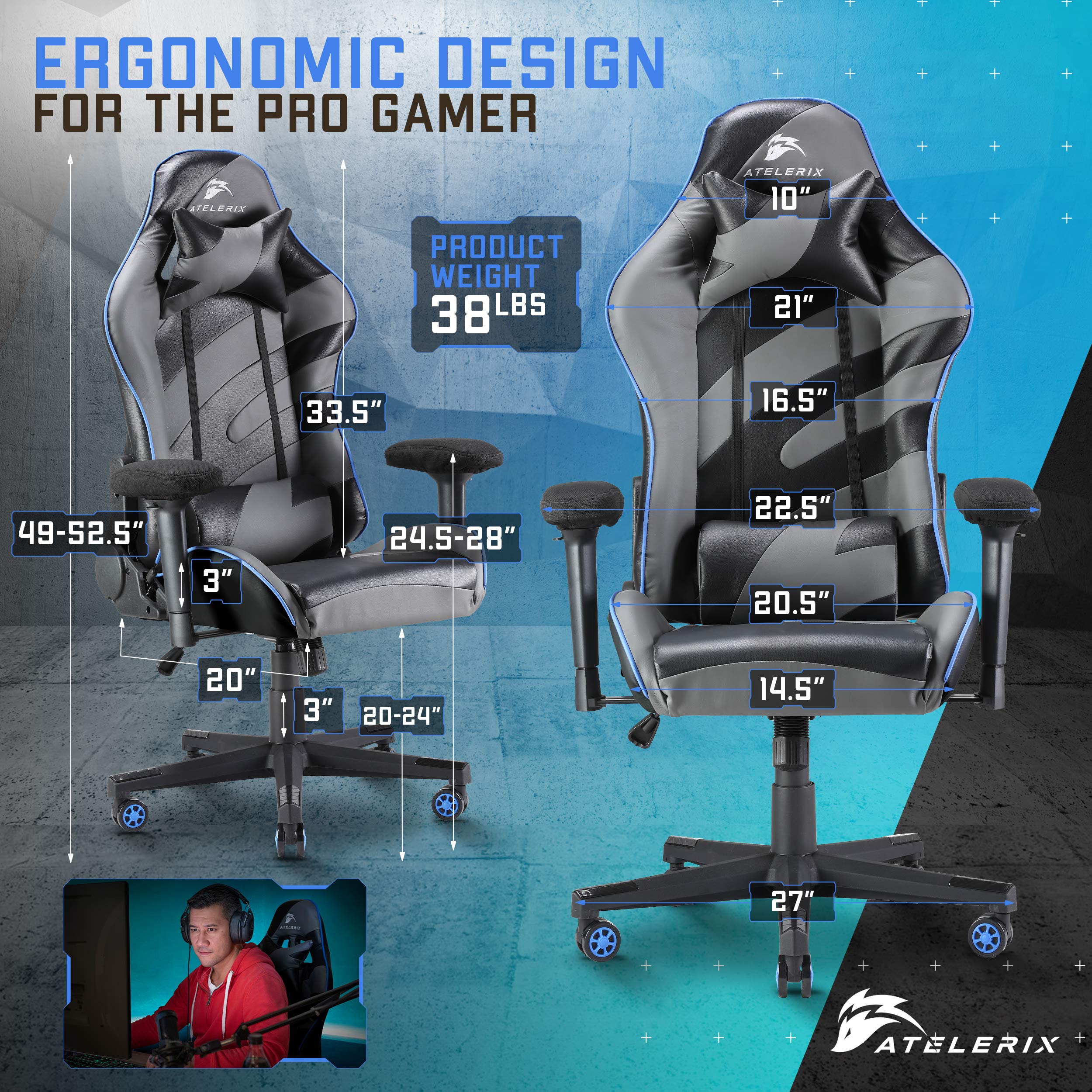Atelerix Ventris Gaming Chair - PU Leather, Fabric, & Extra Wide Options - Office or Computer - Tilting & Ergonomic Adjustable Swivel Game Chair w/ 4D Covered Armrests, Headrest & Lumbar Support