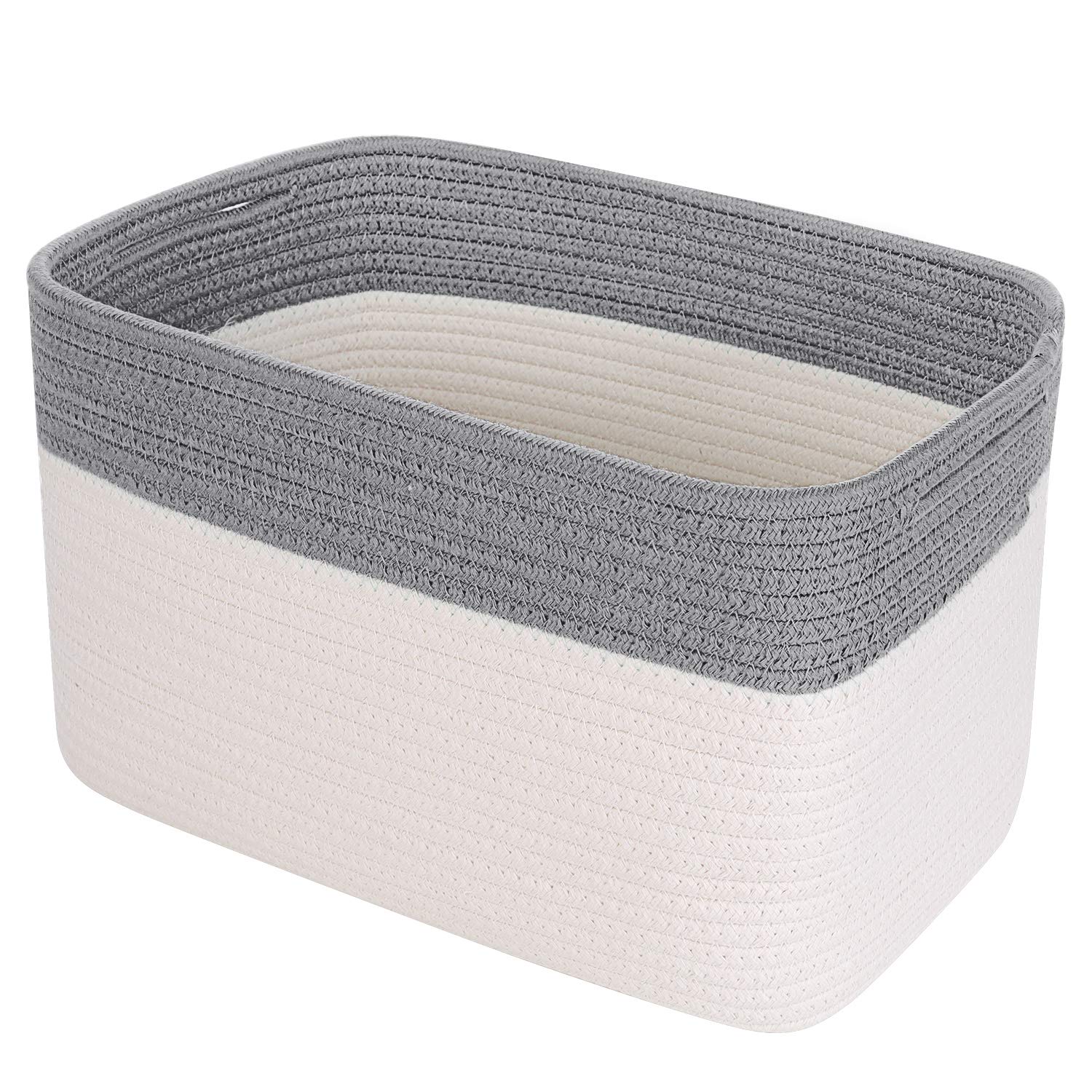 ANMINY 3PCS Woven Cotton Rope Storage Baskets with Handles Large Washable Basket Set Decorative Storage Bins Boxes Blanket Clothes Towel Laundry Organizer Containers - White/Gray