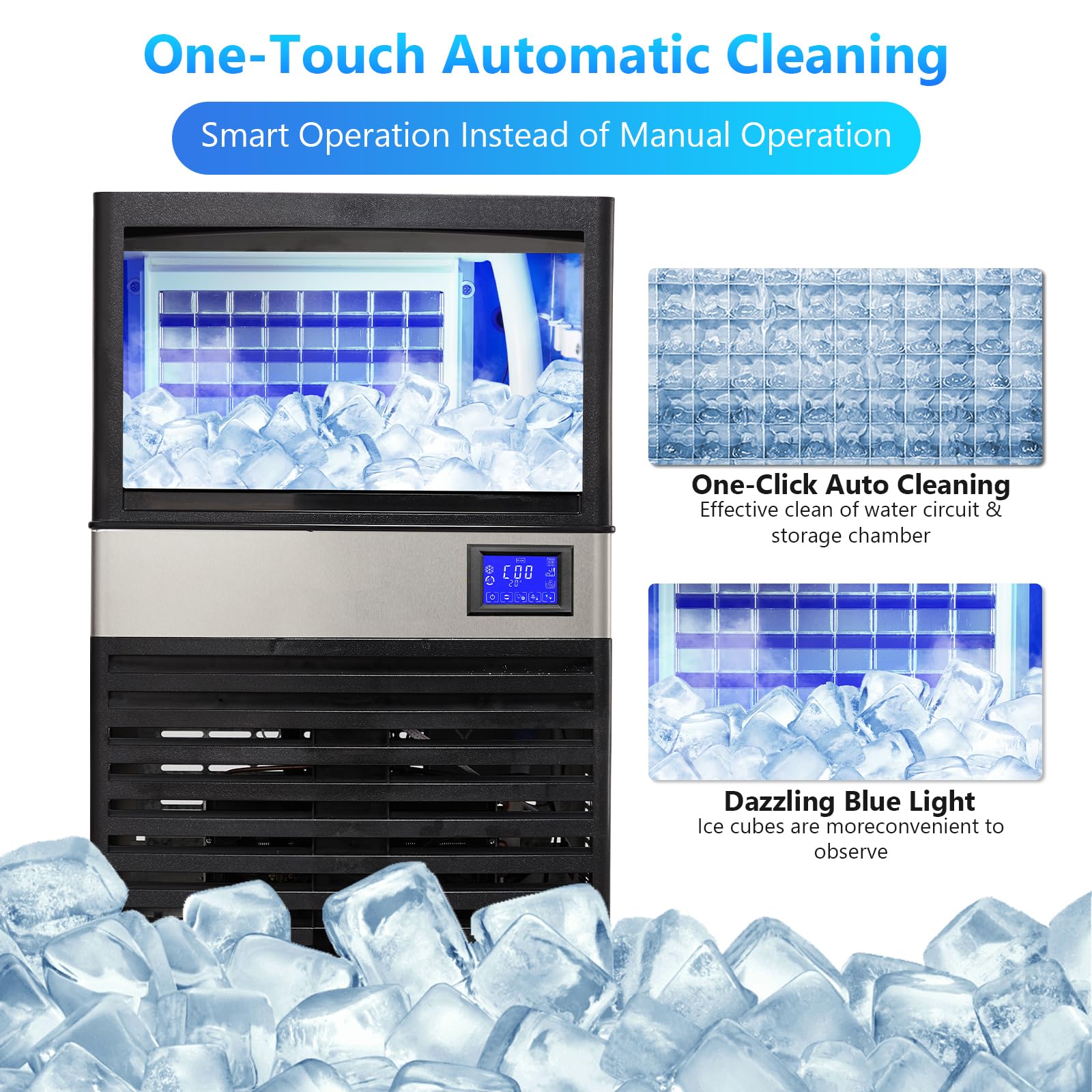 Commercial Ice Maker Machine 350Lb/24H, 1000W Ice Machine with 310Lbs Large Storage Bin, Industrial Ice Machine with LED Panel, Stainless Steel Clear Ice Cube Maker for Bar/Cafe/Restaurant/Business