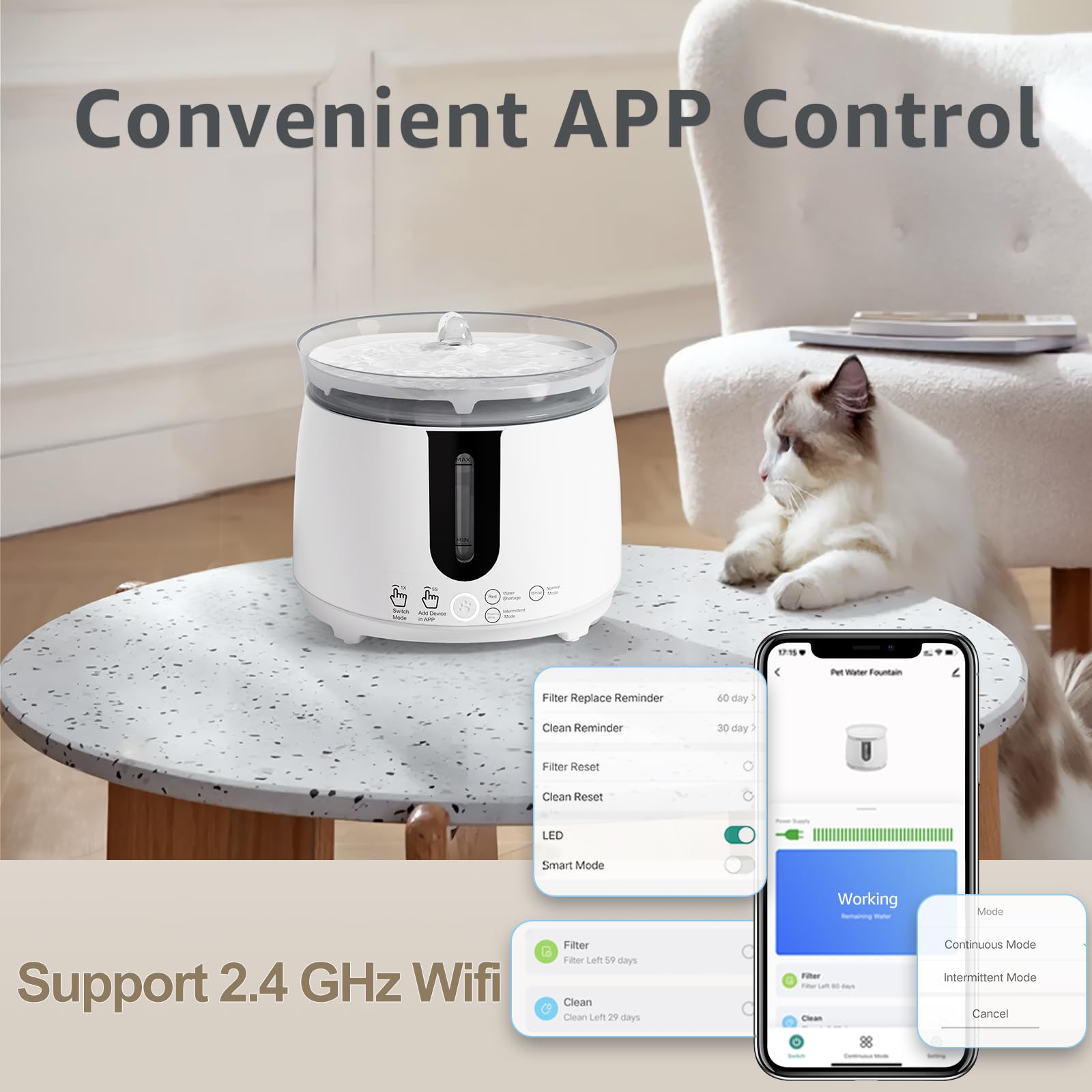 AQHH Cat Water Fountain with 4pcs Replacement Filters and 4pcs Repalced Pump Sponge, Ultra Quiet Pet Water Fountain with App Control, Easy to Clean