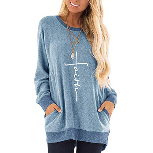 AELSON Womens Faith Letter Printed Top Blouse Color Block Crewneck Loose Pullover Sweatshirts with Pocket Blue