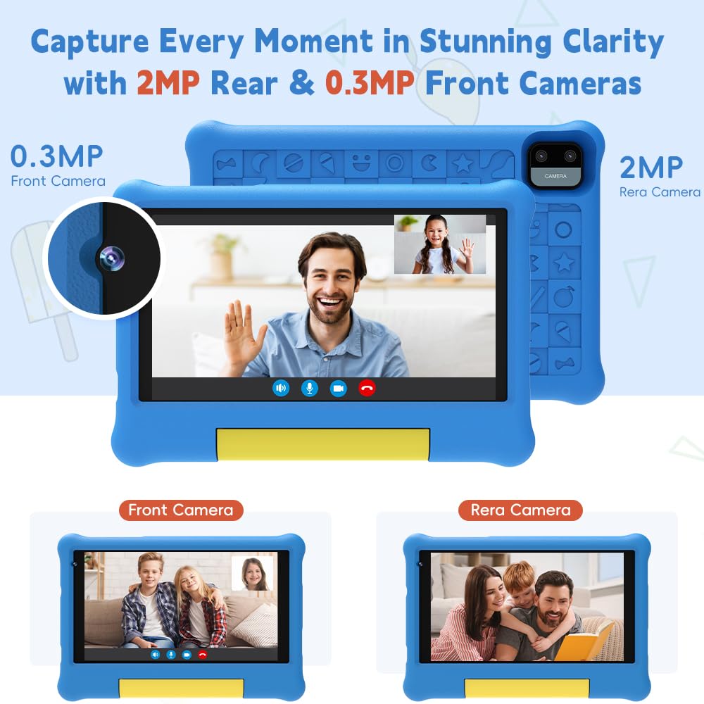 ApoloMedia 7-inch Kids Tablet, Quad Core Android 13 Tablet for Kids, 2+32GB, Dual Camera, Educationl Games, Parental Control, Kids Software Pre-Installed (Blue)