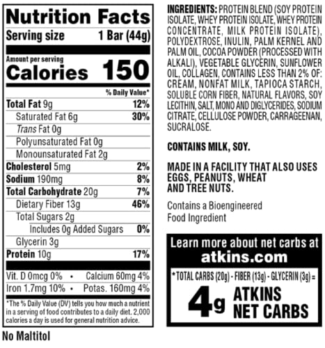 Atkins Caramel Double Chocolate Crunch Snack Bar, Protein Snack, High in Fiber, 2g Sugar, Keto Friendly, 5 Count