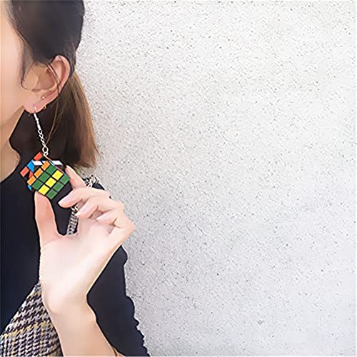 ANXIN Mini Simulation Colorful Real Magic Cube Dangle Earrings Necklace Puzzle Cube Creative Cartoon Funny Earrings for Women Girls (Colorful Real Magic Cube Earrings)