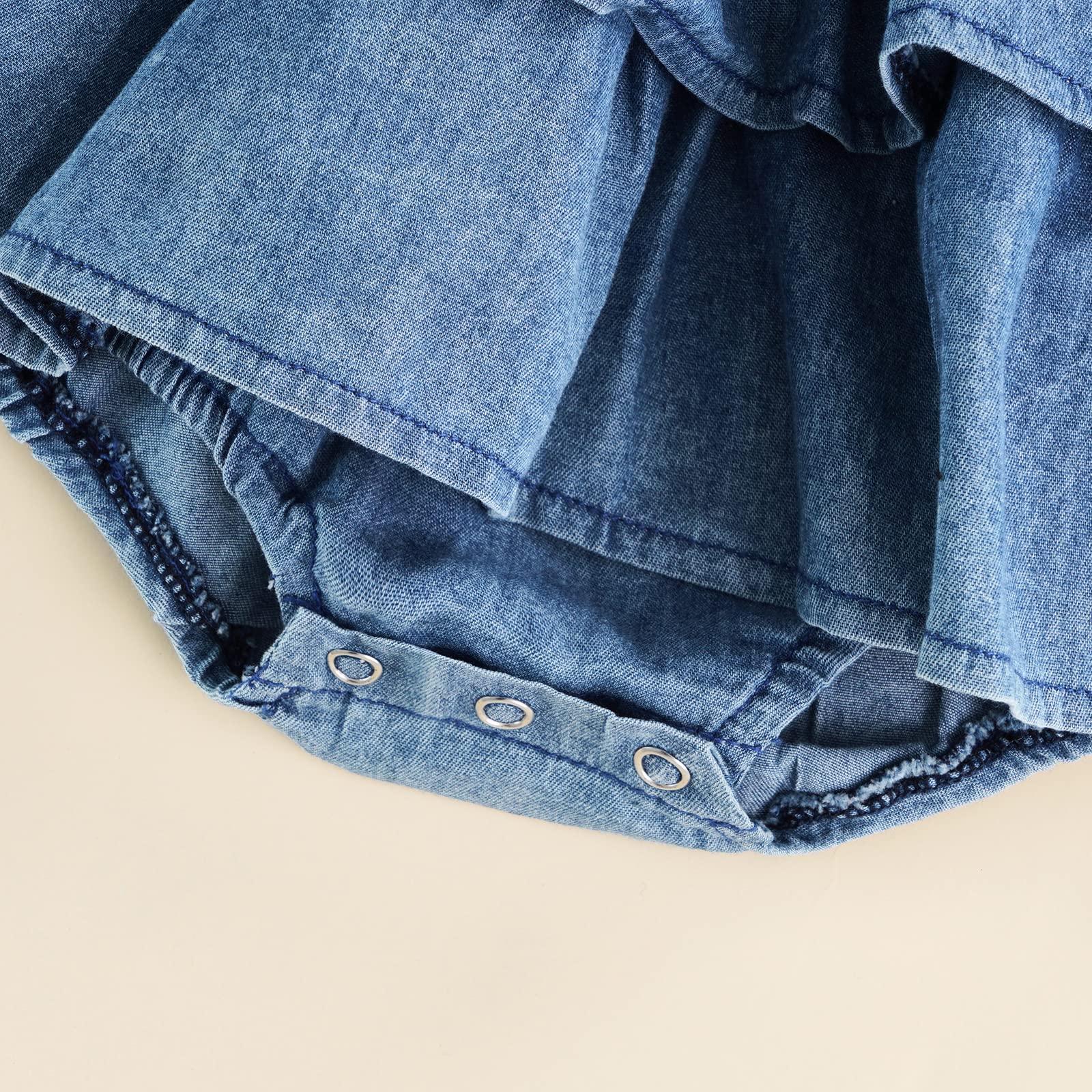 Baby Girl Denim Rompers Sleeveless Suspender Pleated Ruffle Hem Bottom Snap Jumpsuits Dress Clothes (Blue, 3-6 Months)