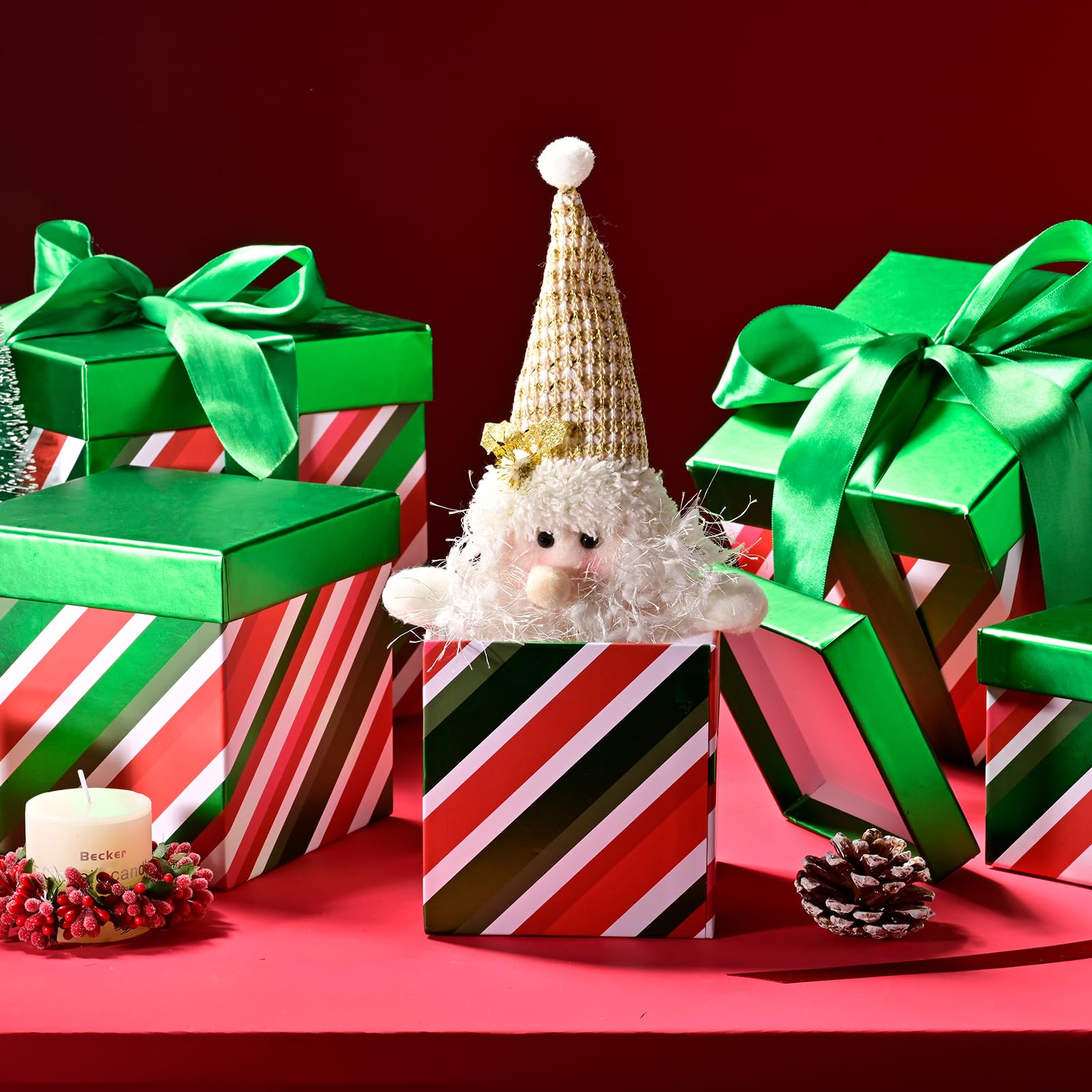 PAPER FAIR 5PCS Christmas Nesting Gift Boxes with Lid, Xmas Nested Box Set, 5 Sizes, Square Stackable, Green Red Stripe Paper Box Tower Décor with Satin Ribbon, for Holiday Thanksgiving New Year