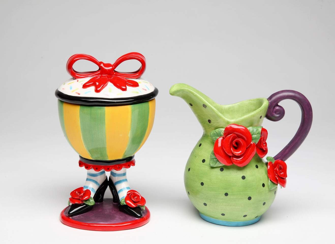 ATD 5.38 Inch Yellow and Green Sugar Bowl on Shoes and Green Creamer Set