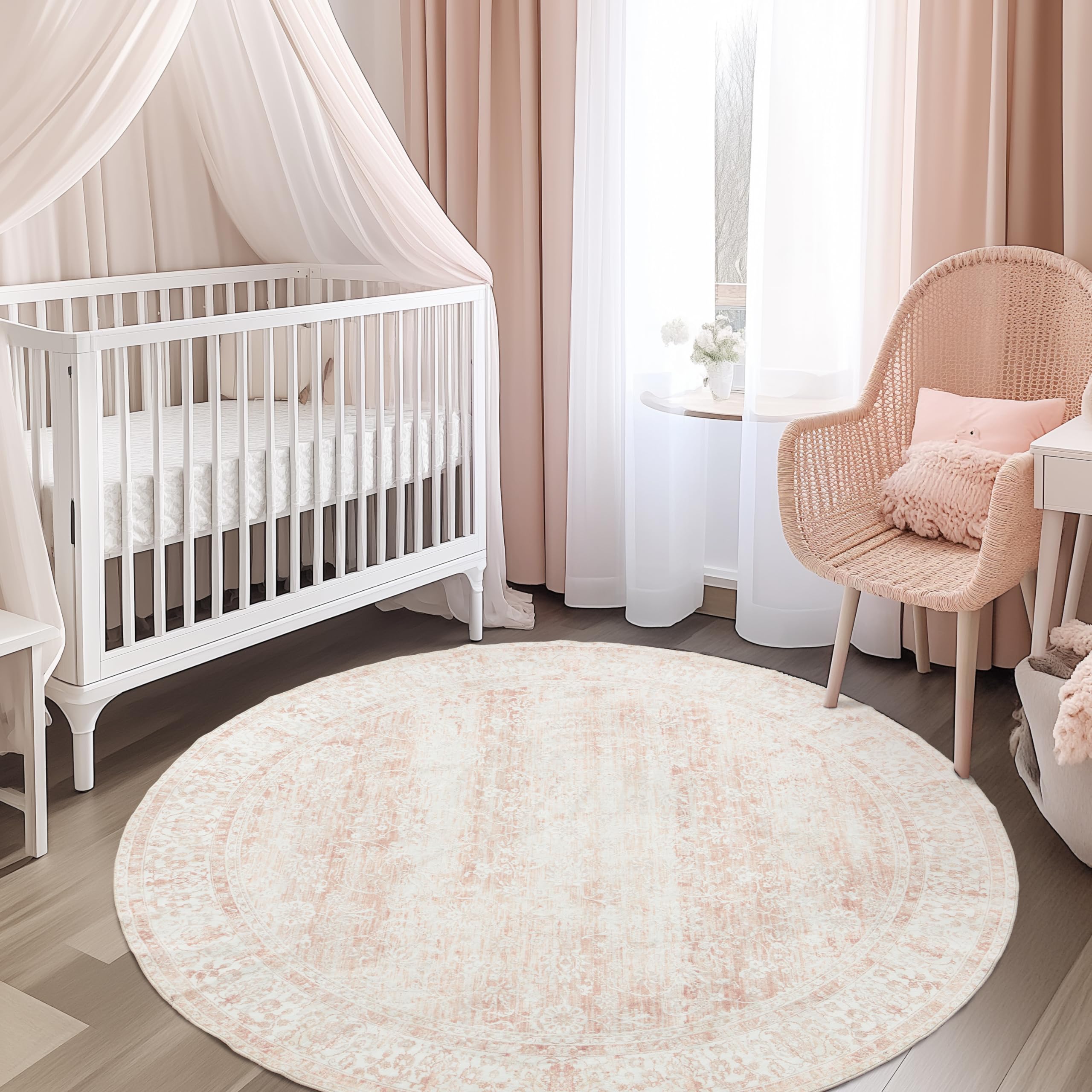 BILEEHOME Round Rug 4x4 Feet 4ft Washable Rug Area Rug Vintage Rug Indoor Floor Cover,Floral Print Blush Pink Circle Rug 4' Round Kitchen Living Room Bedroom Dining Room
