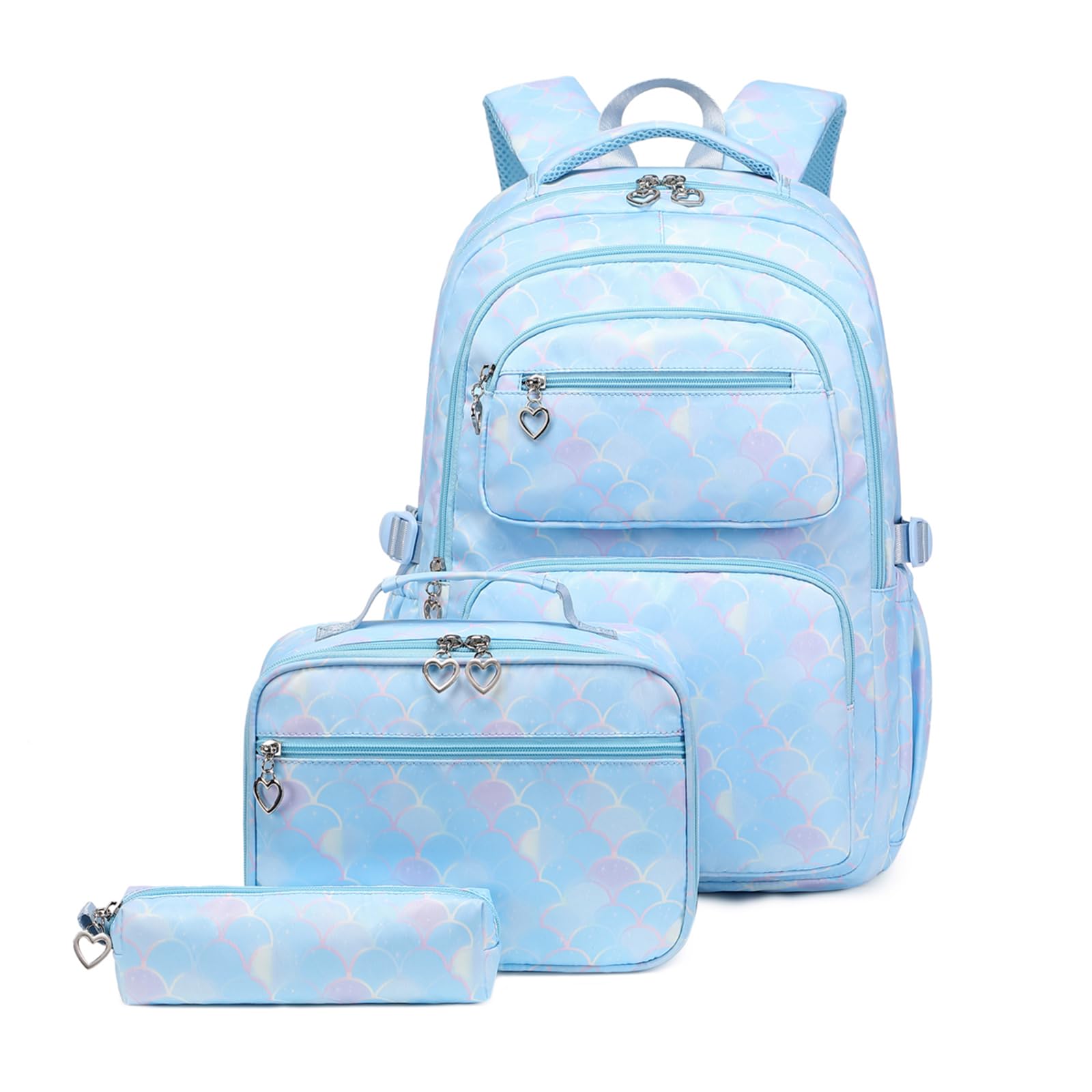 Armbq Mermaid Backpack for Girls 3Pcs Kids Backpack Cute School Bags Set With Lunch Box Fish Scale Teen Water Resistant Bookbag Durable Travel Bag