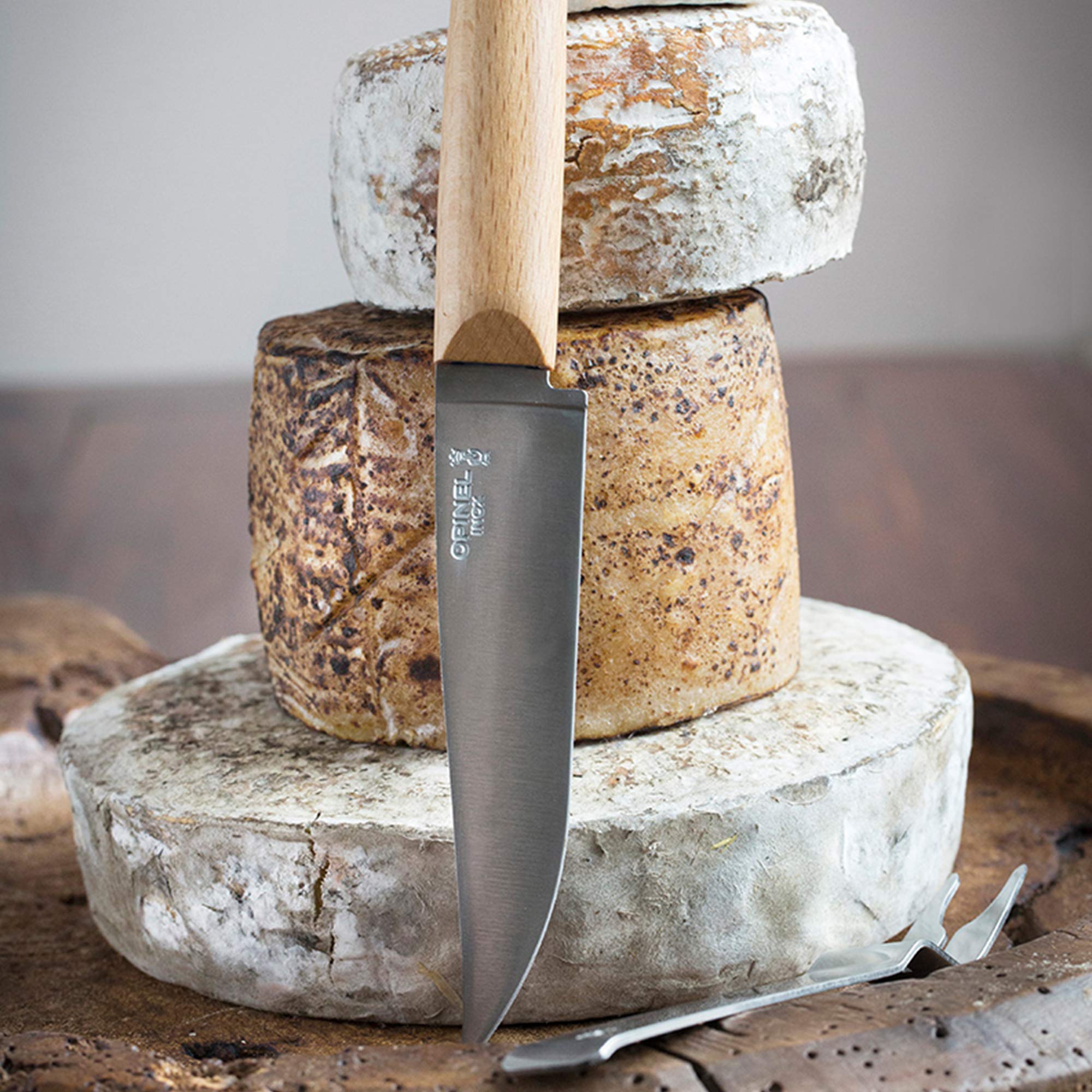Opinel Cheese Knife and Fork Set, Dinner Parties, Fine Dining Platters, Picnics, and Everyday Use, Sustainably Harvested Beech Wood Handles, Made in France, One Size, (001834)
