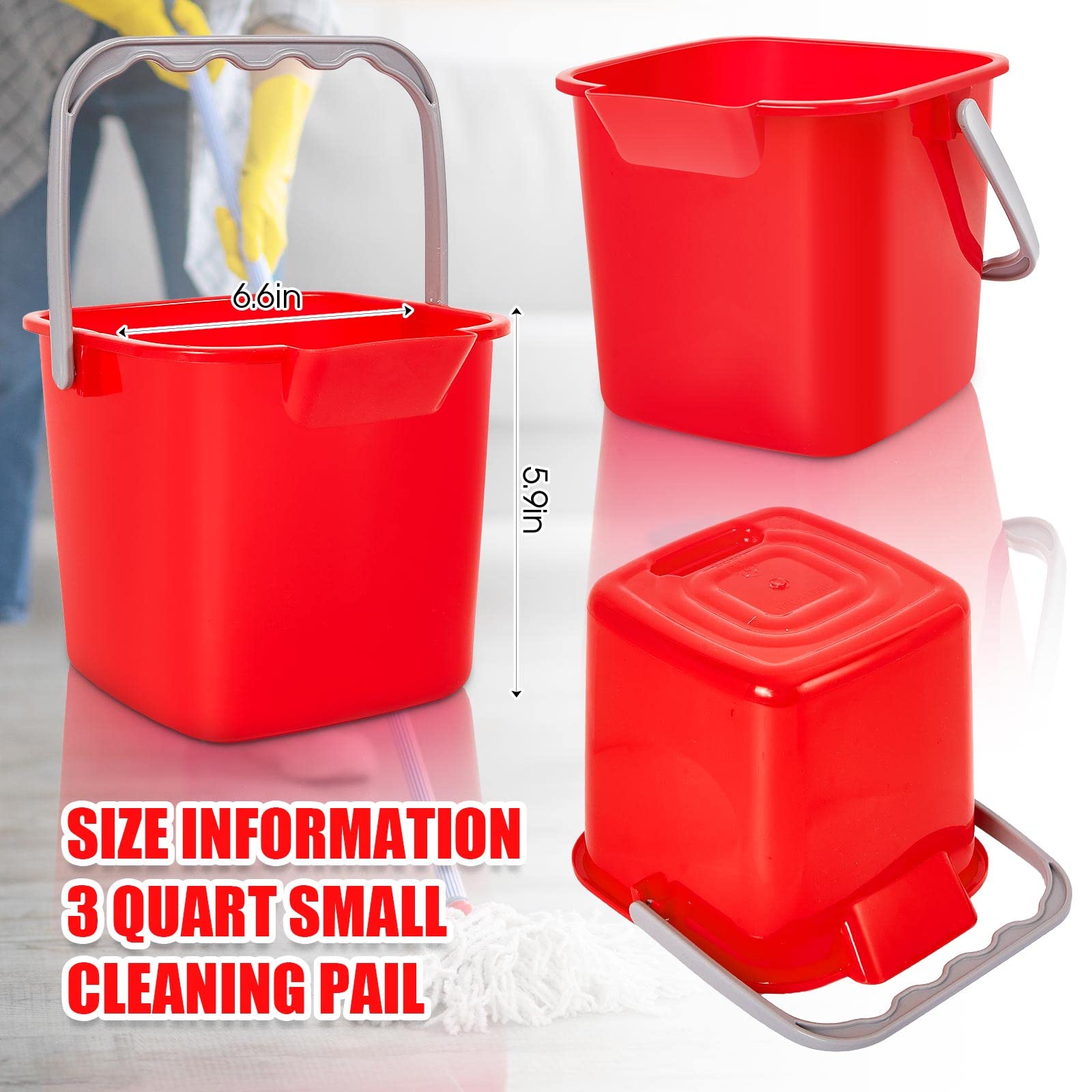 Irenare 8 Pcs Sanitizing Bucket 3 Quart Cleaning Bucket Small Detergent Square Bucket, Spout and Handle Plastic Utility Cleaning Pail for Kitchen Home Offices Commercial Use(Red)