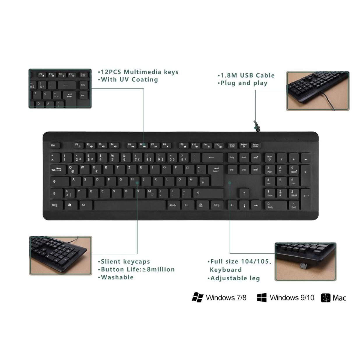 BoxWave Keyboard Compatible with Alienware X15 R2 Gaming Laptop (15.6 in) - AquaProof USB Keyboard, Washable Waterproof Water Resistant USB Keyboard - Jet Black