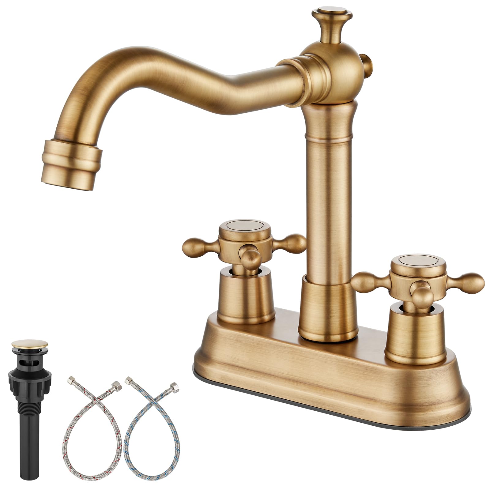 Aolemi Antique Brass 4 Inch Centerset Deck Mounted Bathroom Sink Faucet Vintage with 2 Cross Handles RV Mixer Tap Basin Vanity Lavatory Utility for Sink 3 Hole Include Water Hose & Pop Up Drain