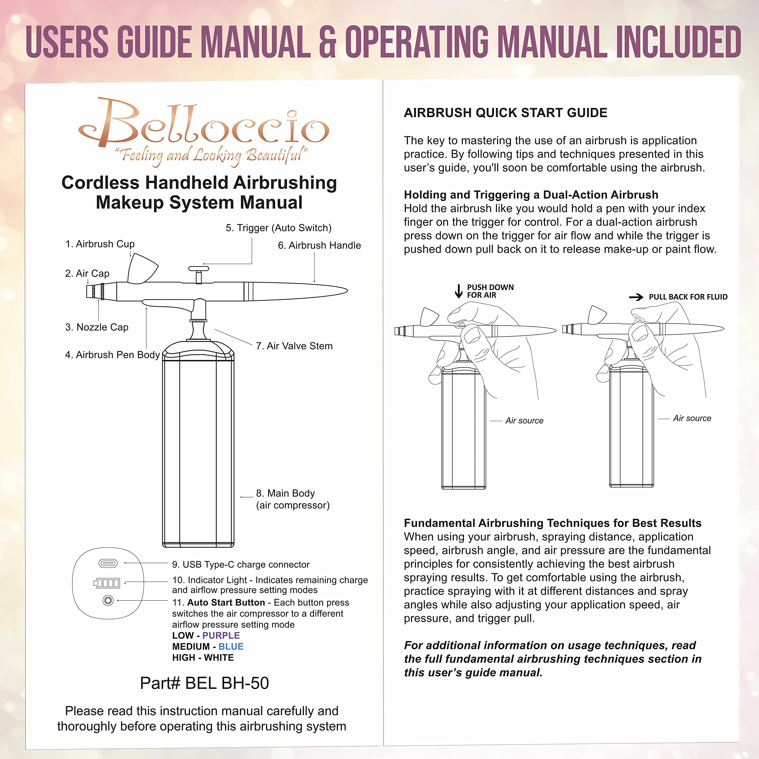 Belloccio Complete Cordless Handheld Airbrush Cosmetic Makeup System with 4 Medium Foundation Shades, Professional 18-Piece Kit, Moisturizing Primer, Blush, Bronzer, Highlighter, Concealer, User Guide