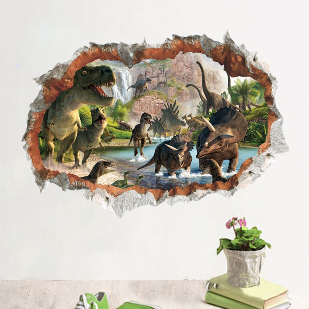 MLM 3D Dinosaurs Simulation Crack Hole Stickers Self-Adhesive Peel and Stick Wall Decal Mural Living Room Bedroom Kids' Room Nursery Decor Playroom Decor