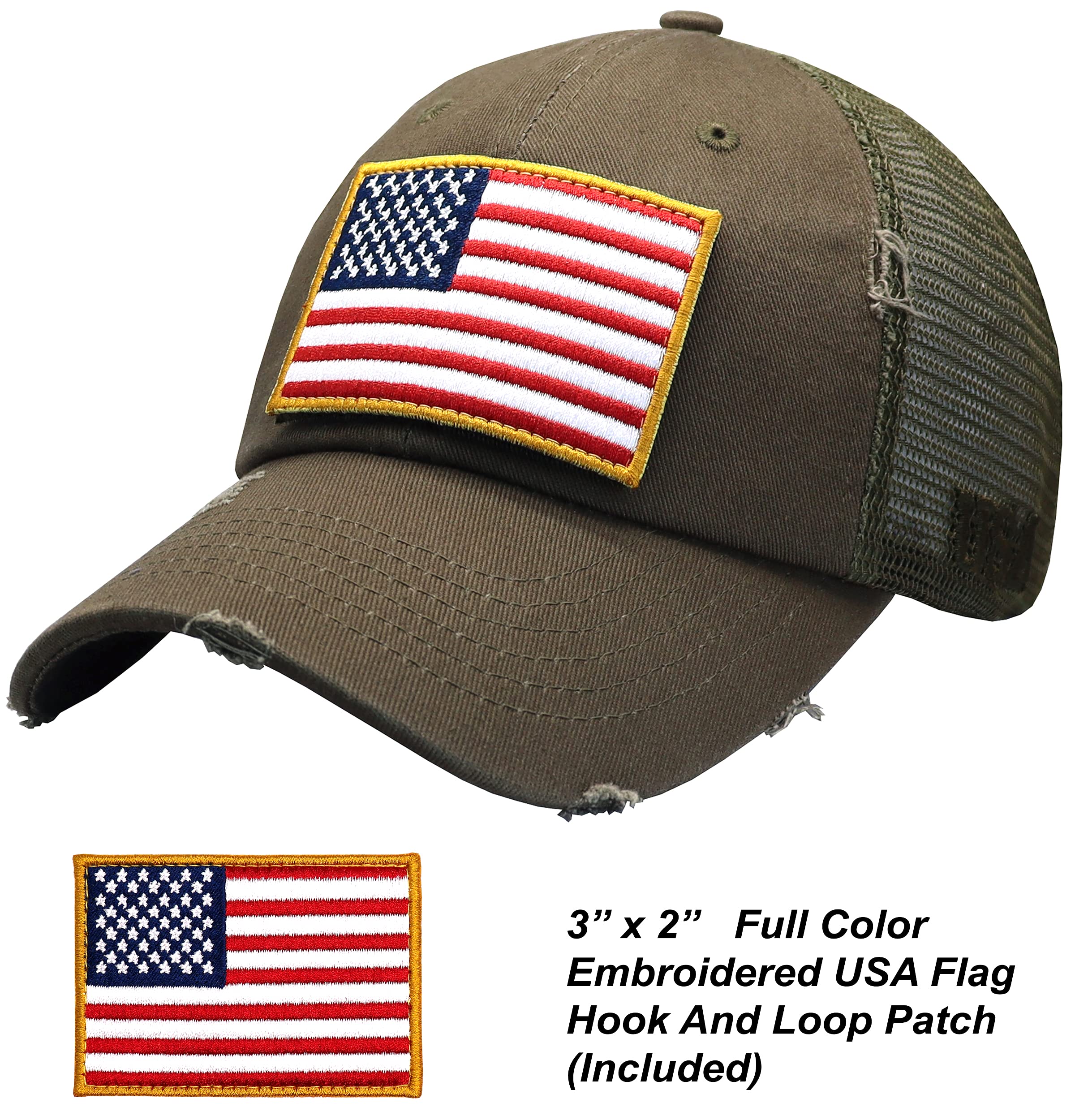 Antourage American Flag Unconstructed Hat for Men and Women Twill Mesh Snapback Baseball USA Flag Cap + 2 Patriotic Patches ((02) Olive Distressed Mesh Snapback)
