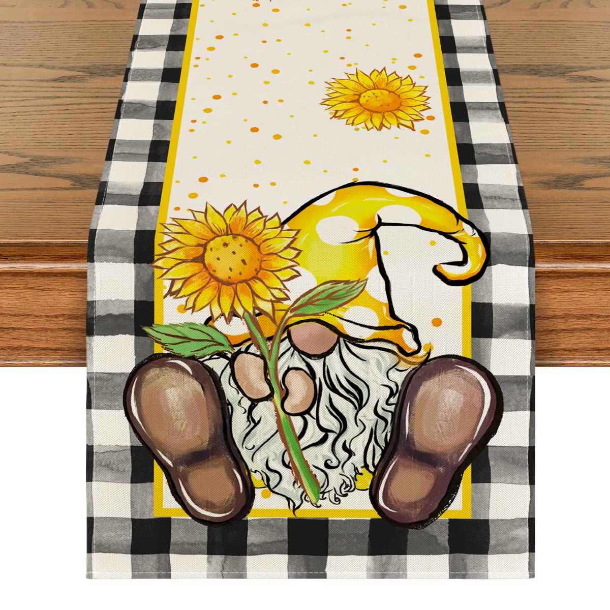 Artoid Mode Watercolor Buffalo Plaid Sunflower Gnome Placemats Set of 4, 12x18 Inch Seasonal Holiday Table Mats for Party Kitchen Dining Decoration
