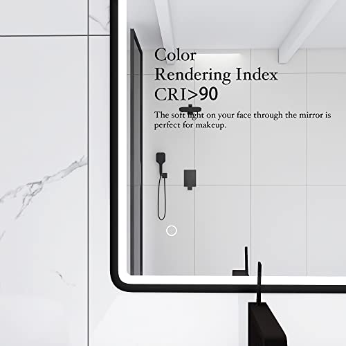 AMOCID Wall Mount Mirror for Bathroom with Lights 32 x 24 inch Rectangular Black Framed Wall-Mount Anti-Fog LED Light Bathroom Vanity Mirror Vertical or Horizontal