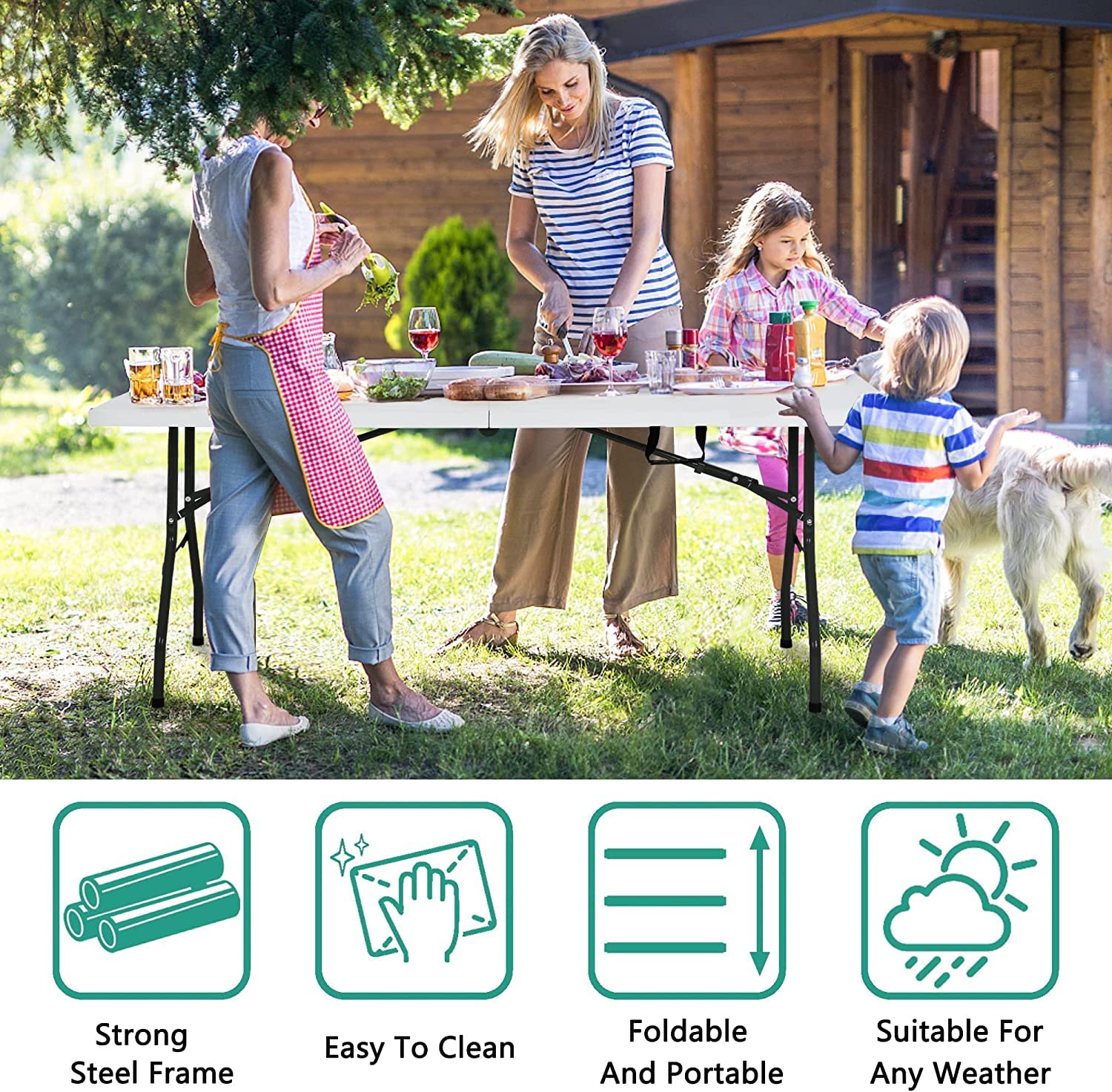 Black Folding Tables 6Ft Outdoor Dining Table, Portable Fold Up Lightweight Foldable Desk, 6 Foot Folding Desk Picnic Table Party Tables Camping Table, Plastic Beach Table Patio Outdoor Furniture